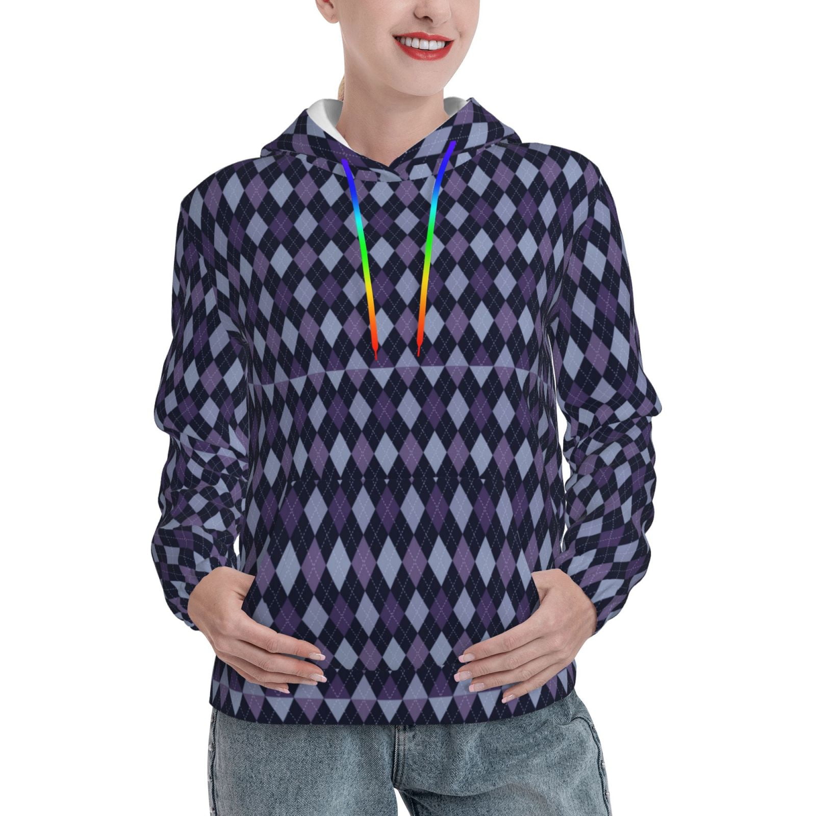Cauagu Purple and Blue Squares for Women's Hooded Sweatshirts Pullover Hoodie for Women Fall ...