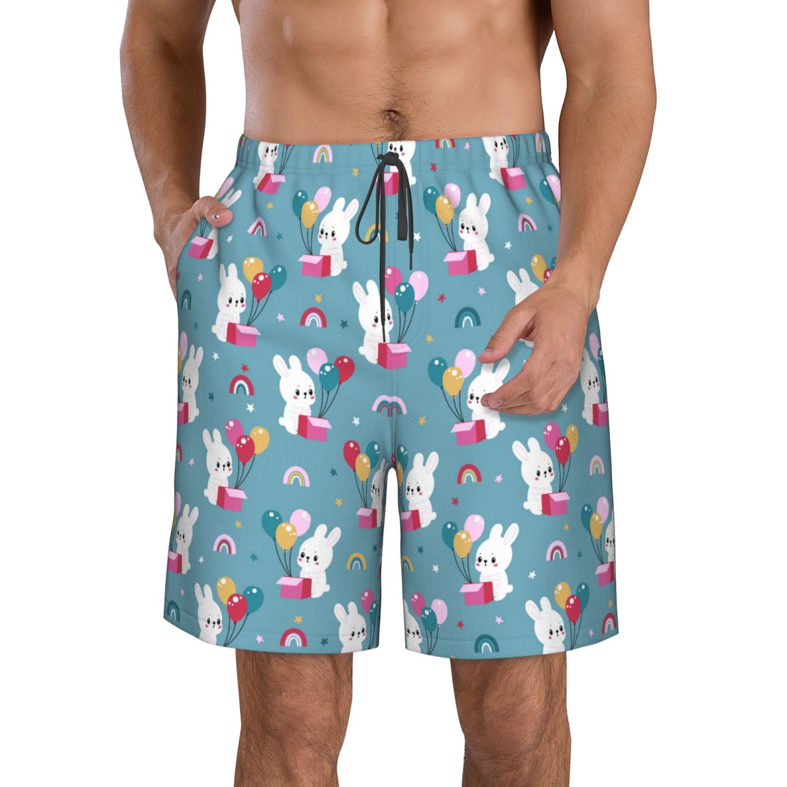 Cauagu Rabbit And Rainbow Print Men's Swim Trunks,Hawaiian Bathing Suit ...