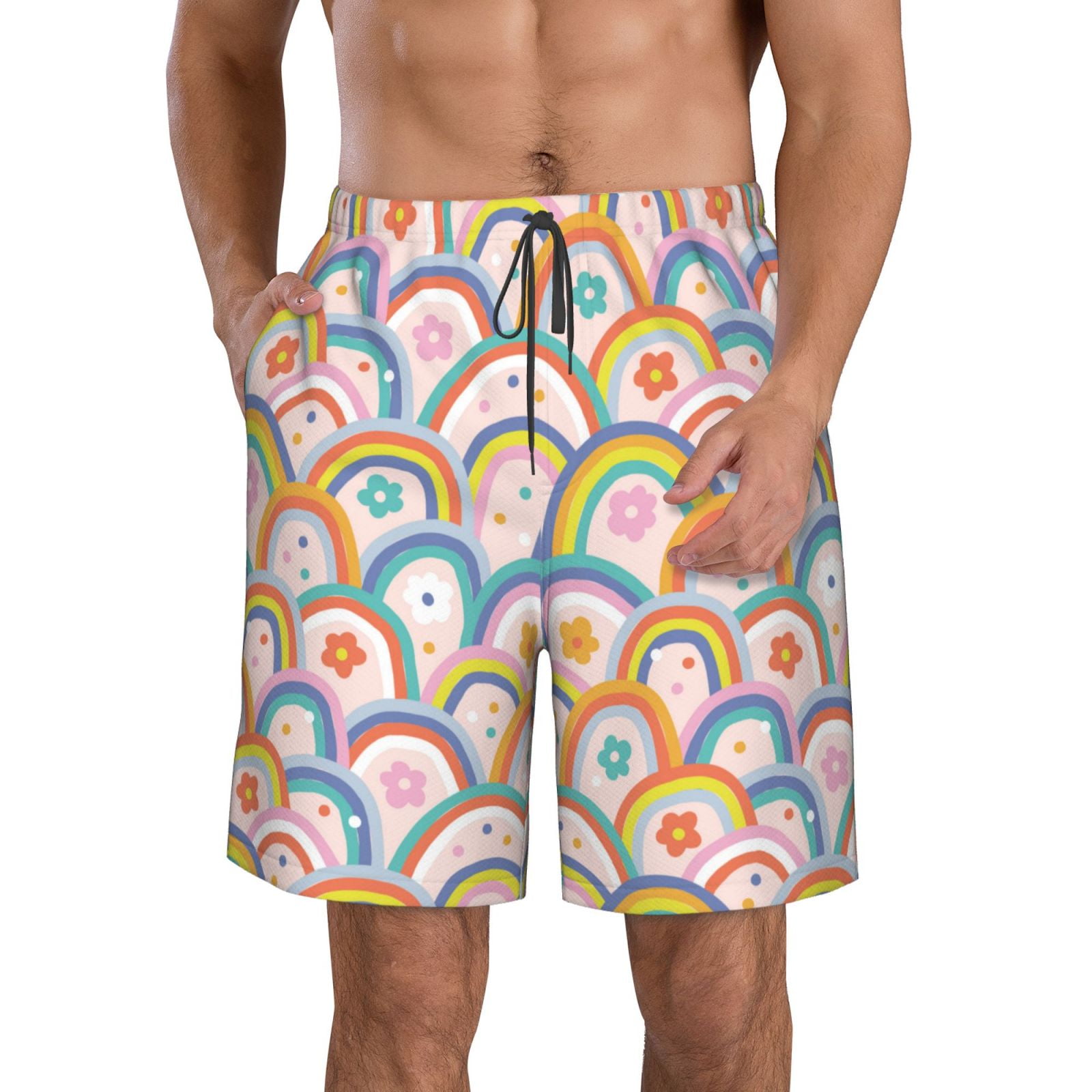 Cauagu Rainbow Flowers Print Men's Swim Trunks,Hawaiian Bathing Suit ...