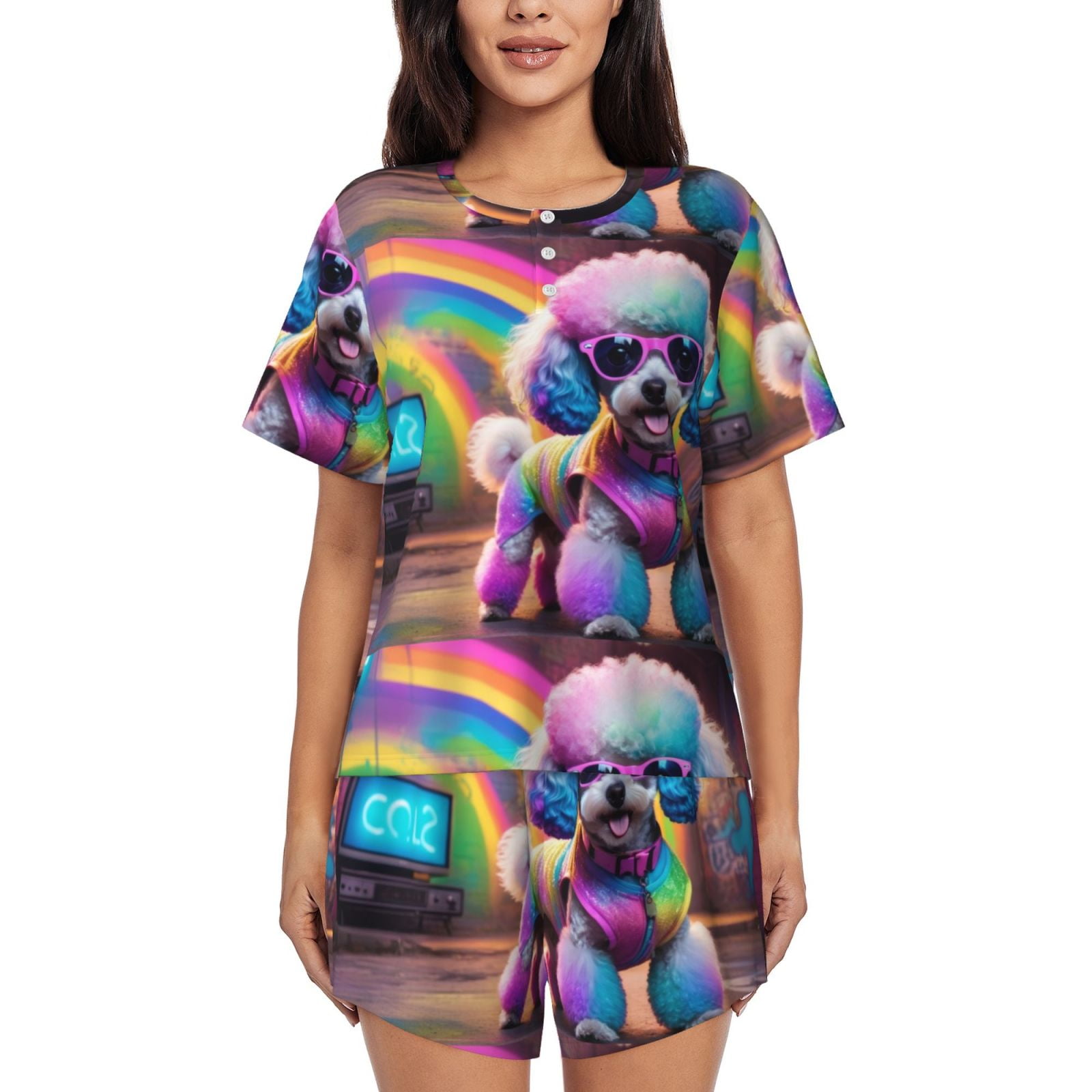 Cauagu Rainbow Poodle Urban Street for Women's Round Neck Pajama Set ...