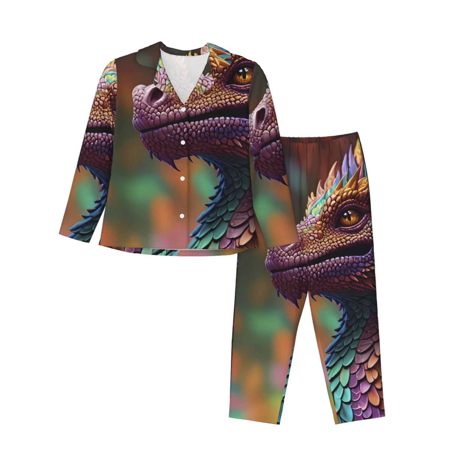 Cauagu Rainbow Scales Fantasy Dragon Print Women's Long-Sleeve Pajamas ...