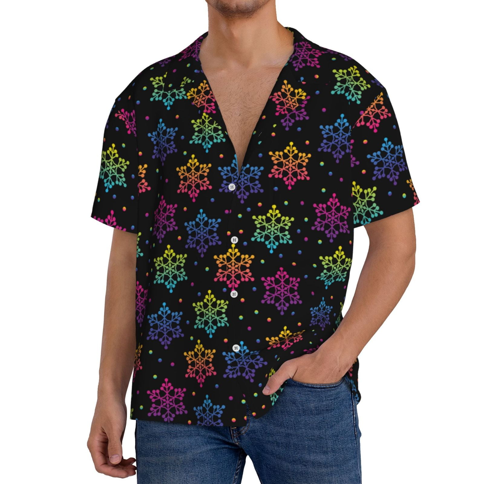 Cauagu Rainbow Snowflake Men's Short Sleeve Button Down Hawaiian Shirt ...