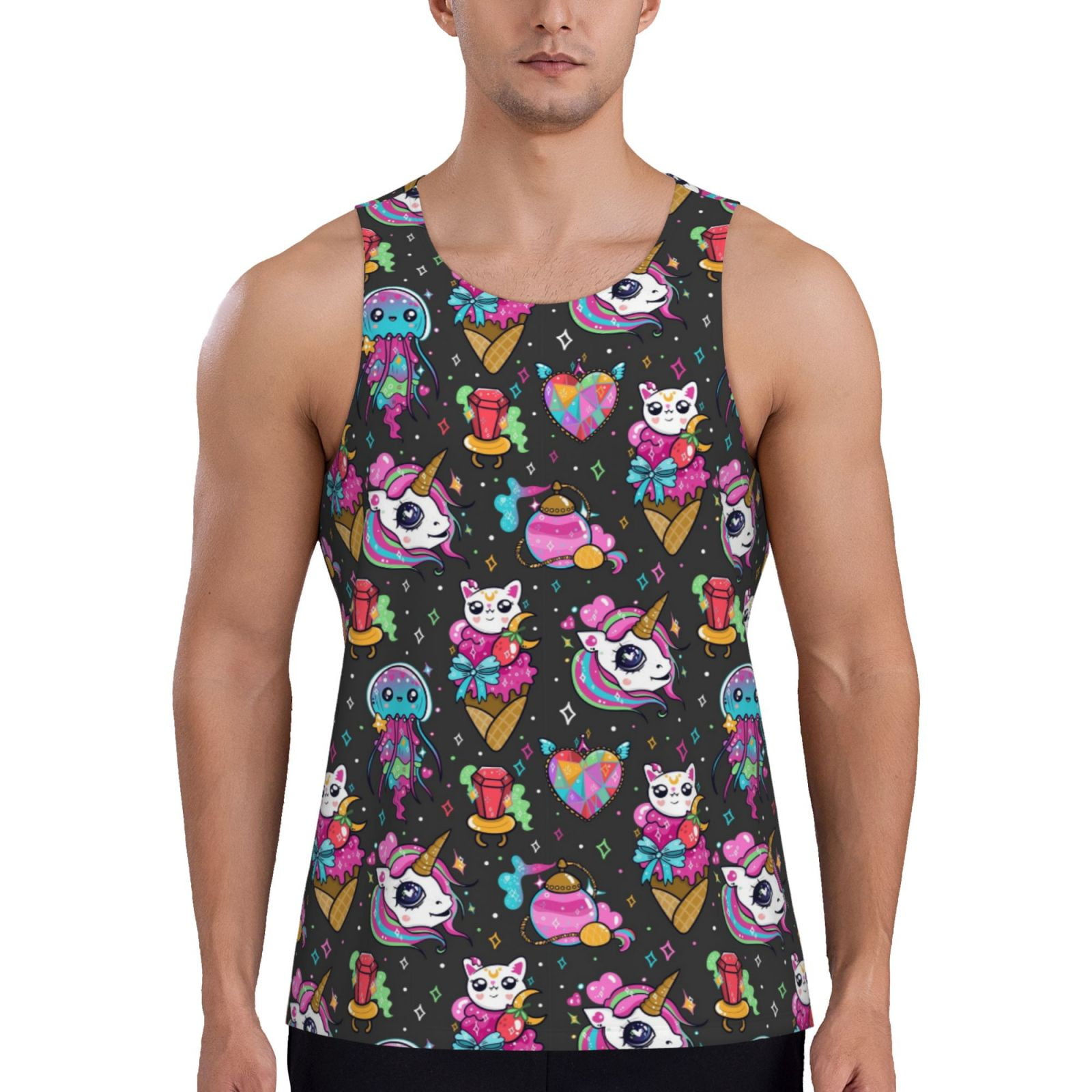 Cauagu Rainbow Unicorn And Cat Icecream Print Men's Sleeveless Muscle ...