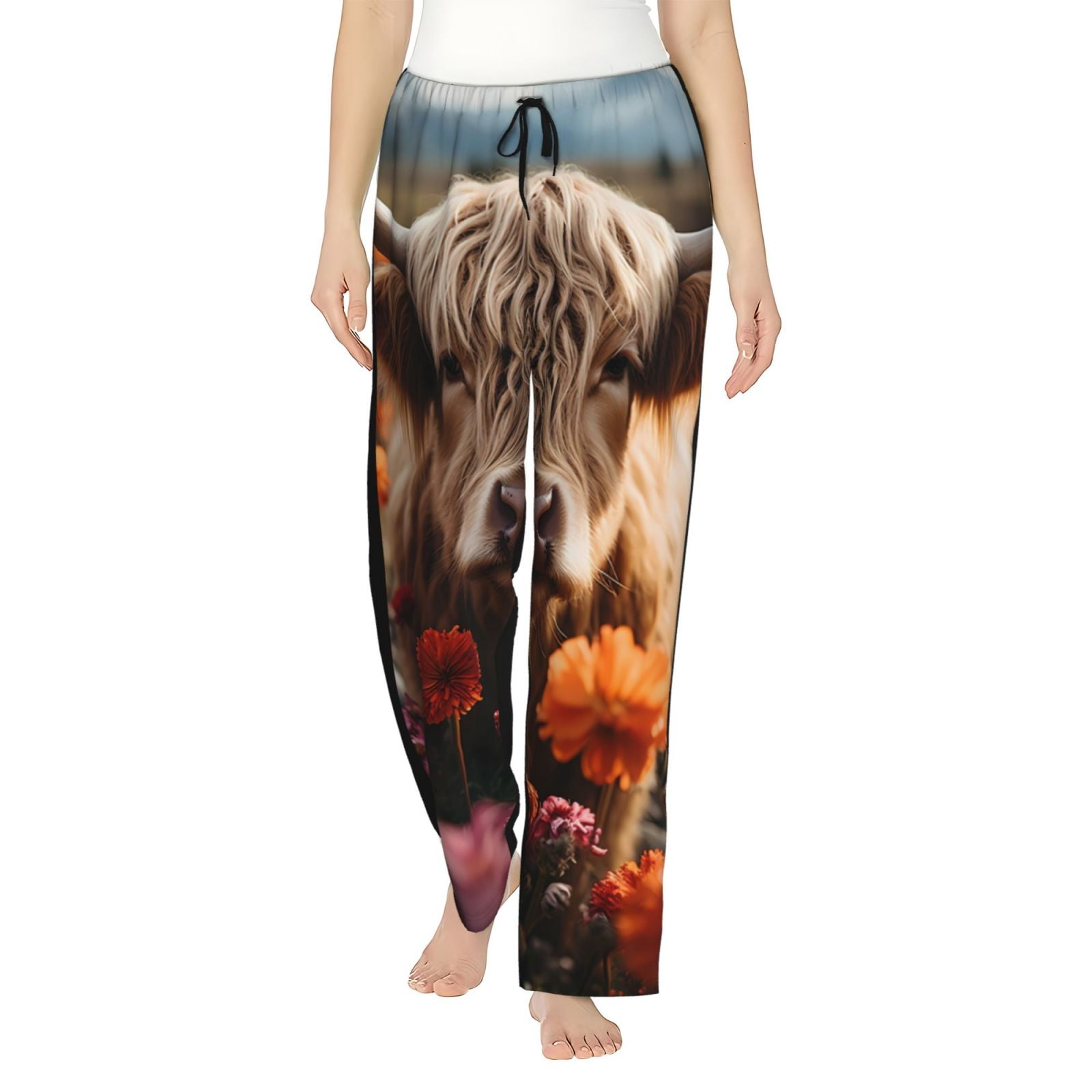 Cauagu Realistic Flower Cow Pajama Pants for Women Loose Fit Wide Leg ...