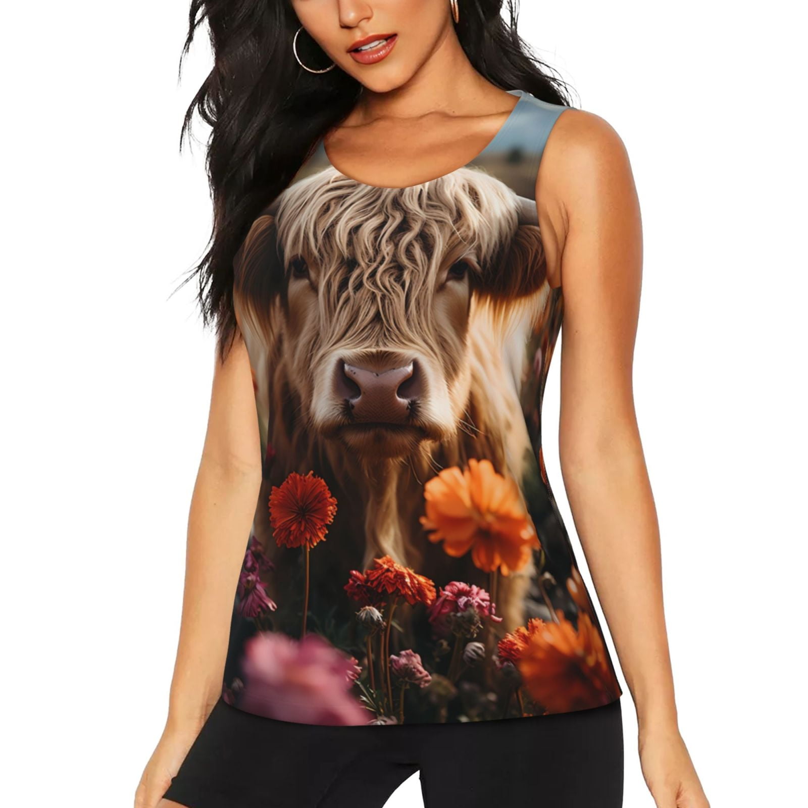 Cauagu Realistic Flower Cow for Women's Workout Tank Tops Sleeveless ...
