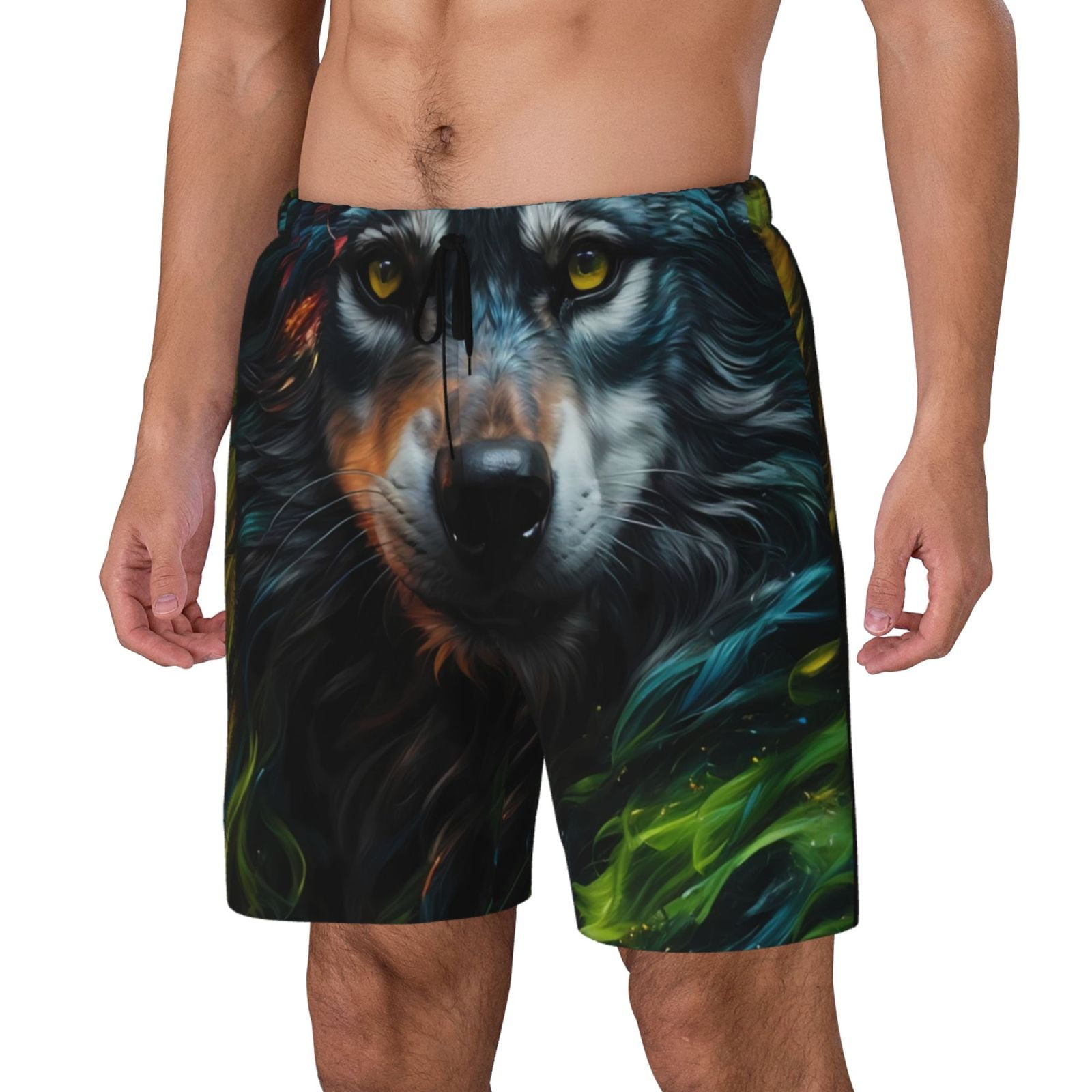Cauagu Realistic Style Green Fur Wolf Print Mens Swim Trunks Quick Dry ...