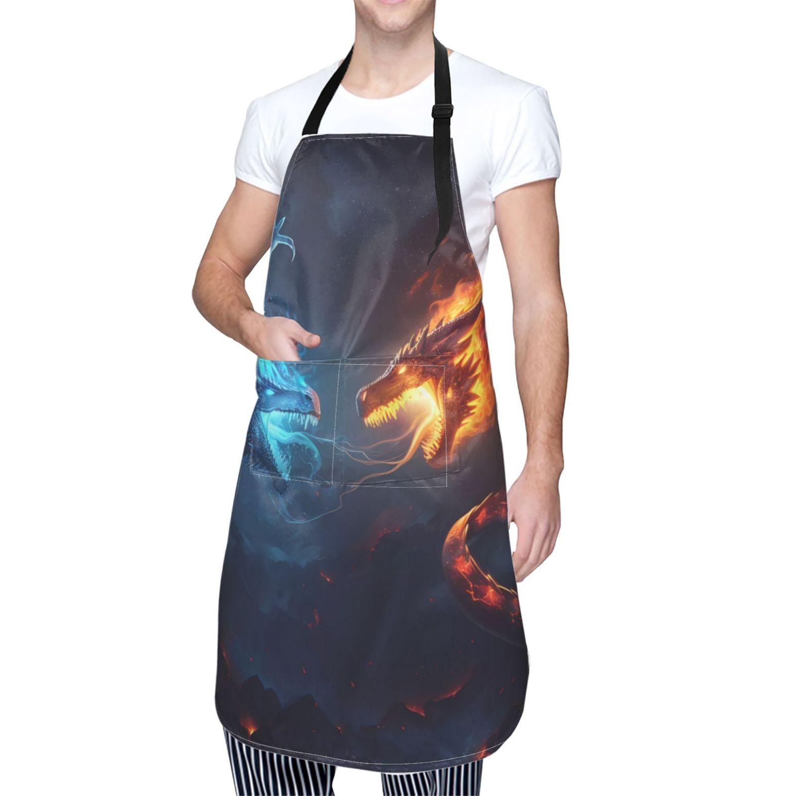 Cauagu Red And Blue Fire Dragon C Aprons with Pockets,Waterproof Apron ...