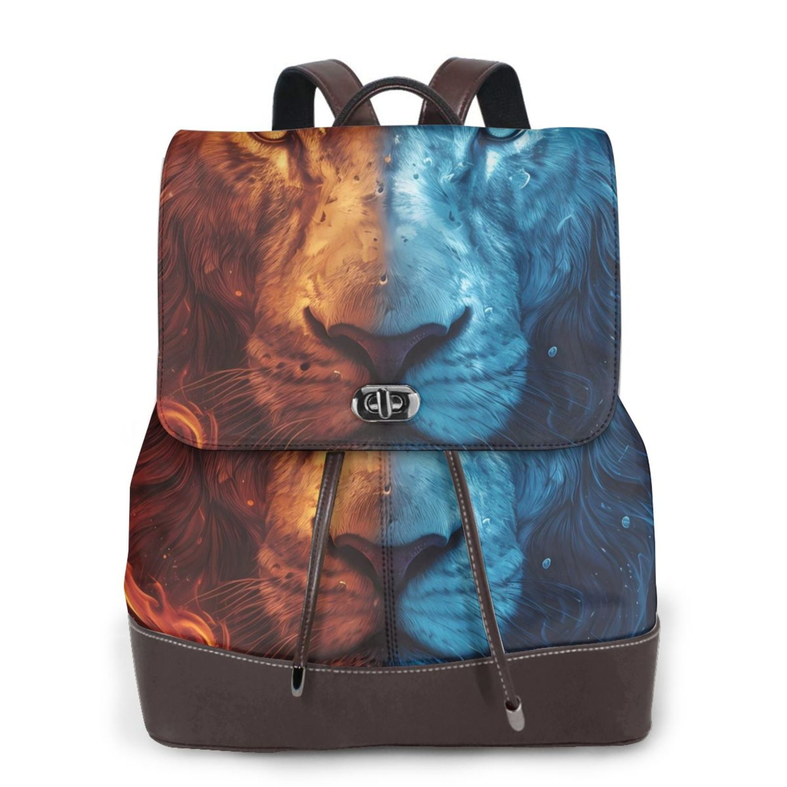 Cauagu Red And Blue Fire Lion Print Women's PU Leather Backpack,Fashion ...