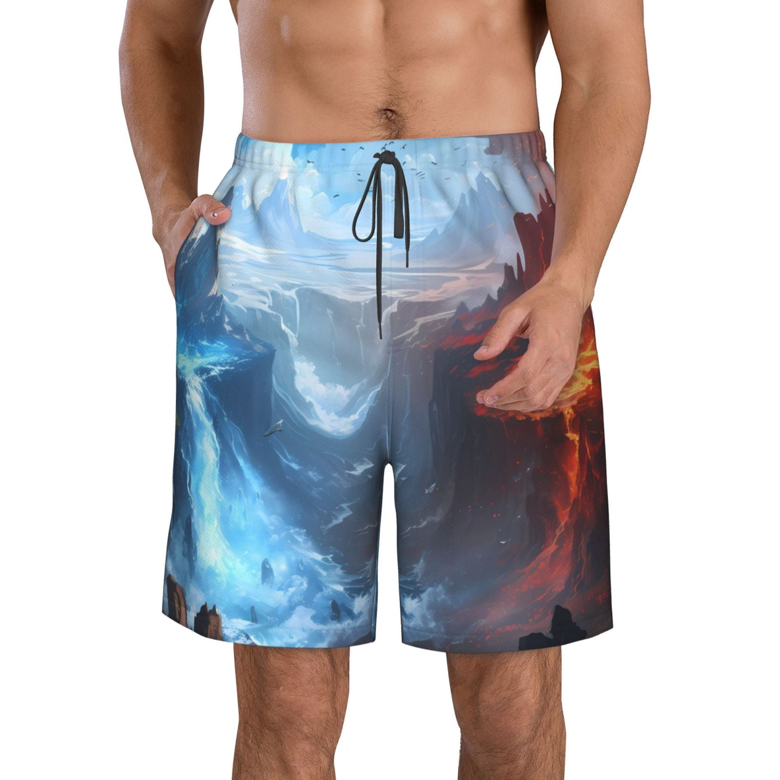 Cauagu Red And Blue Fire Mountains Print Men's Swim Trunks,Hawaiian ...