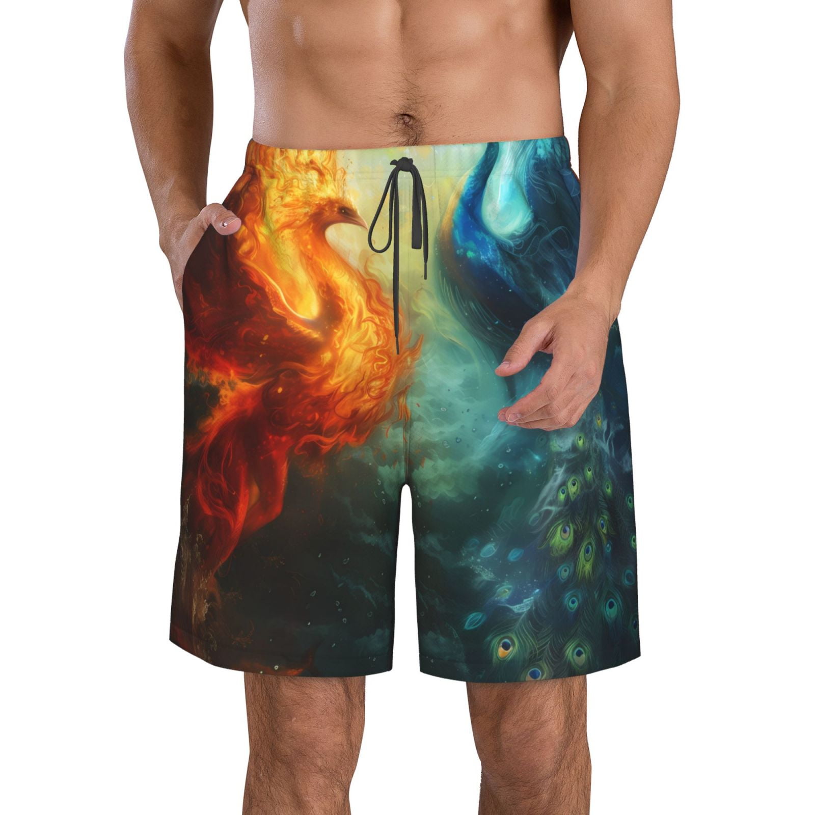 Cauagu Red And Blue Fire Peacock Print Men's Swim Trunks,Hawaiian ...