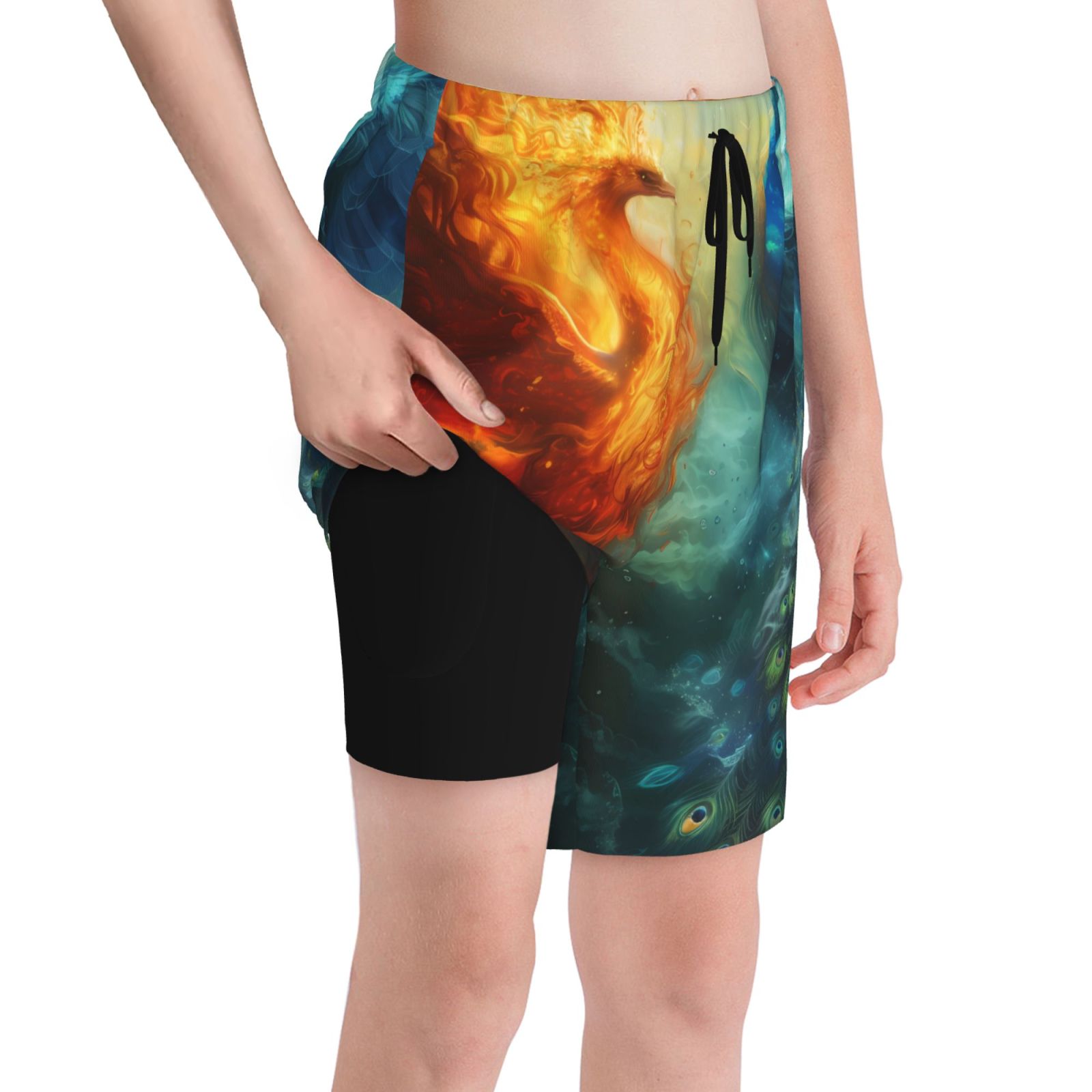 Cauagu Red And Blue Fire Peacock Print Swim Trunks for Men,Youth Boys ...