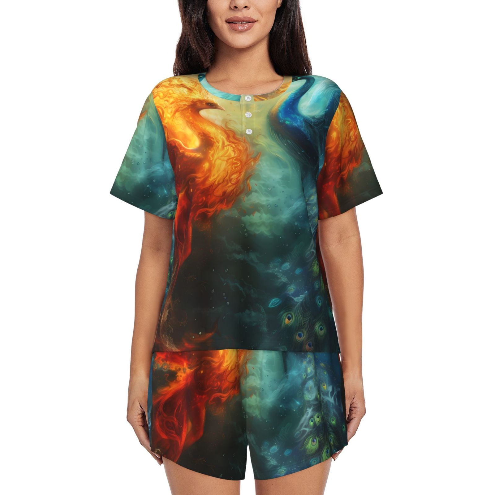 Cauagu Red And Blue Fire Peacock for Women's Round Neck Pajama Set ...