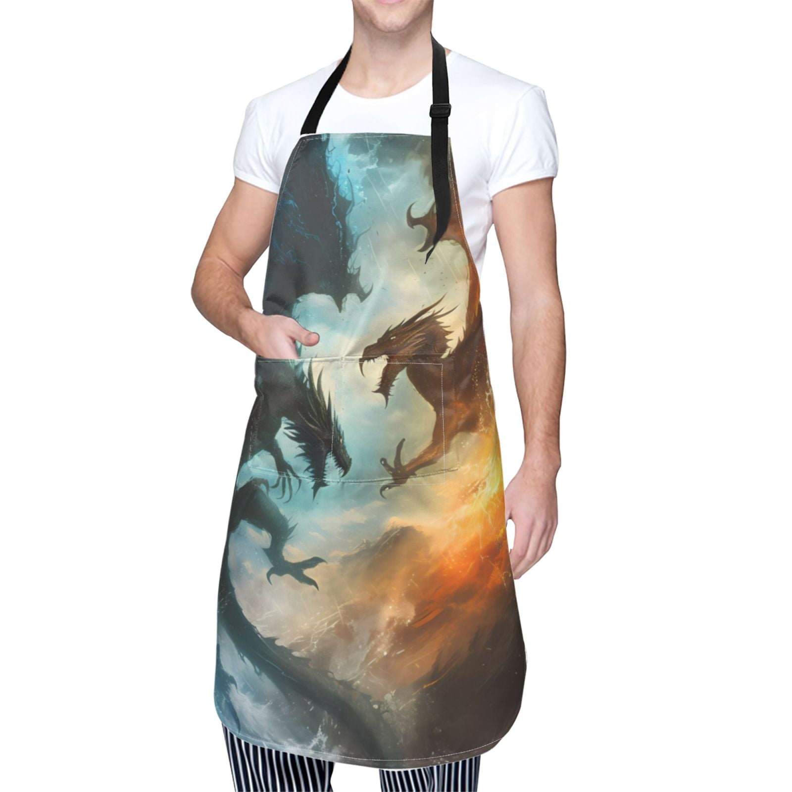 Cauagu Red And Blue Flame Wave Dragon Aprons with Pockets,Waterproof ...