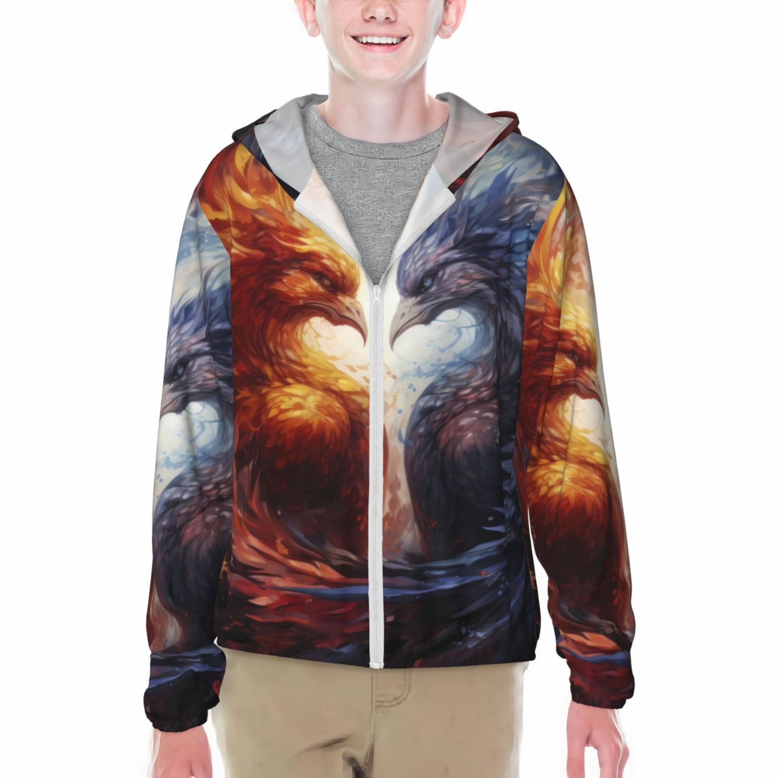 Cauagu Red And White Fire Bird Print Sun Protection Jacket for Teen ...