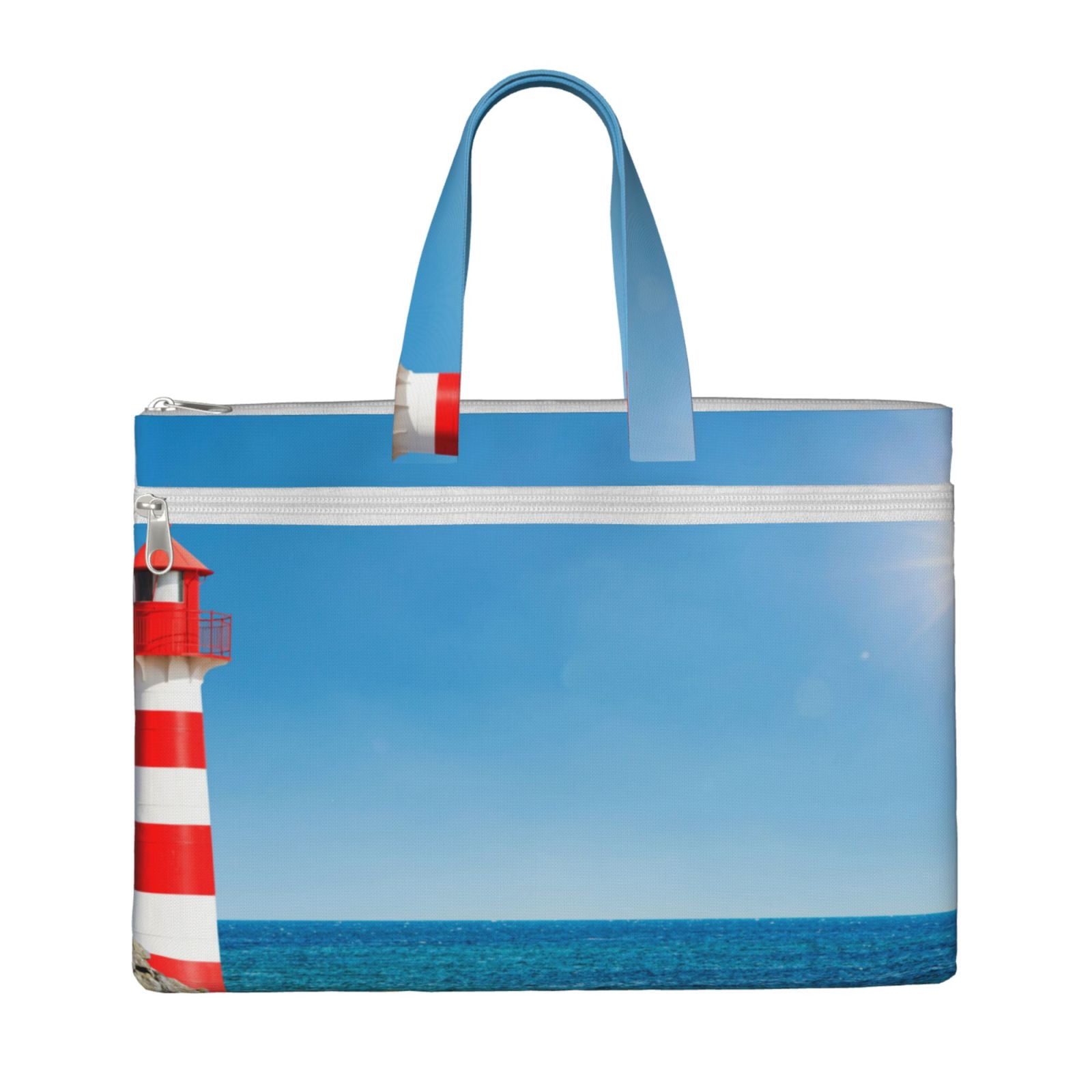 Cauagu Red And White Lighthouse Pattern Canvas Tote File Bag, Zipper ...