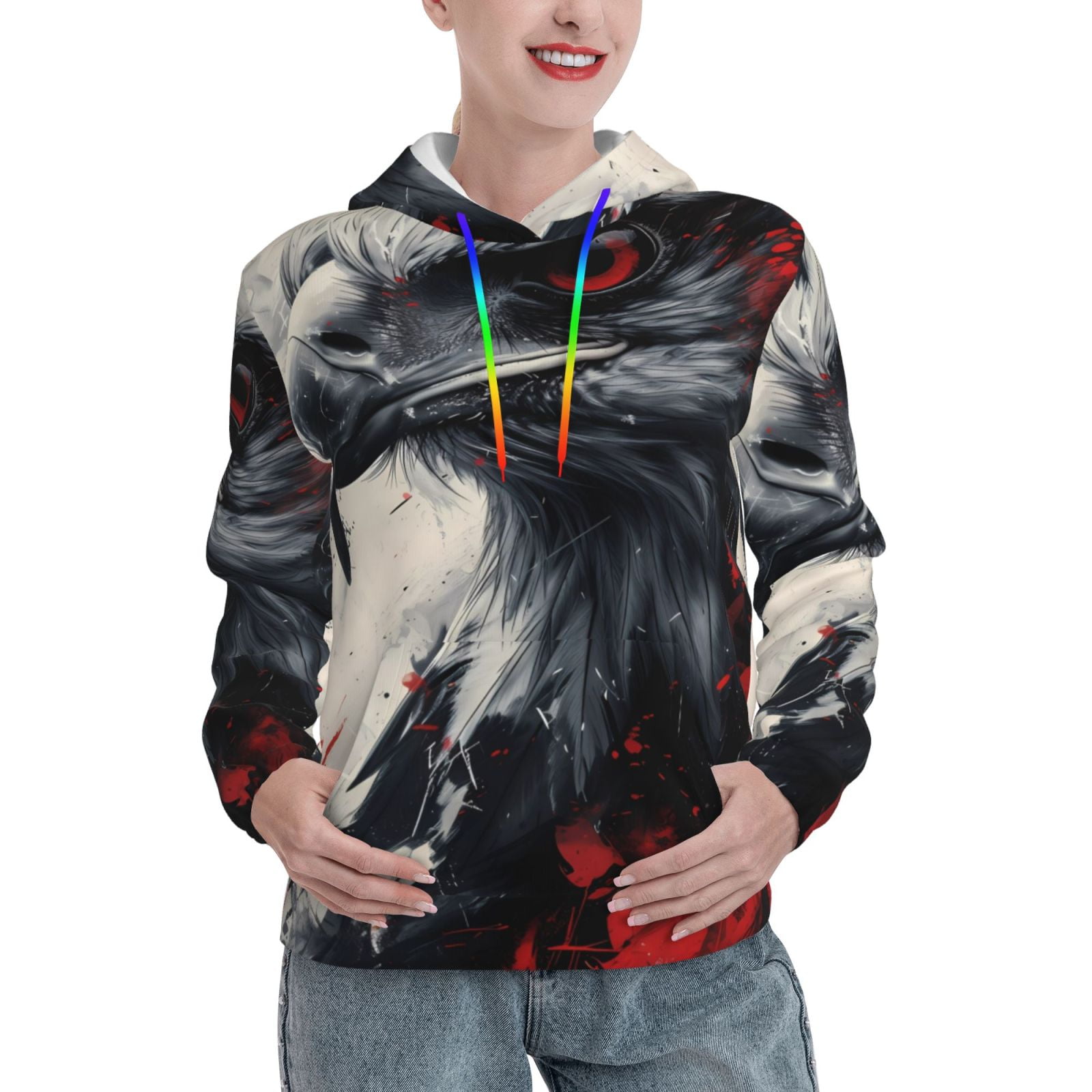 Cauagu Red Black Ink Style Bald Eagle for Women's Hooded Sweatshirts Pullover Hoodie for Women ...