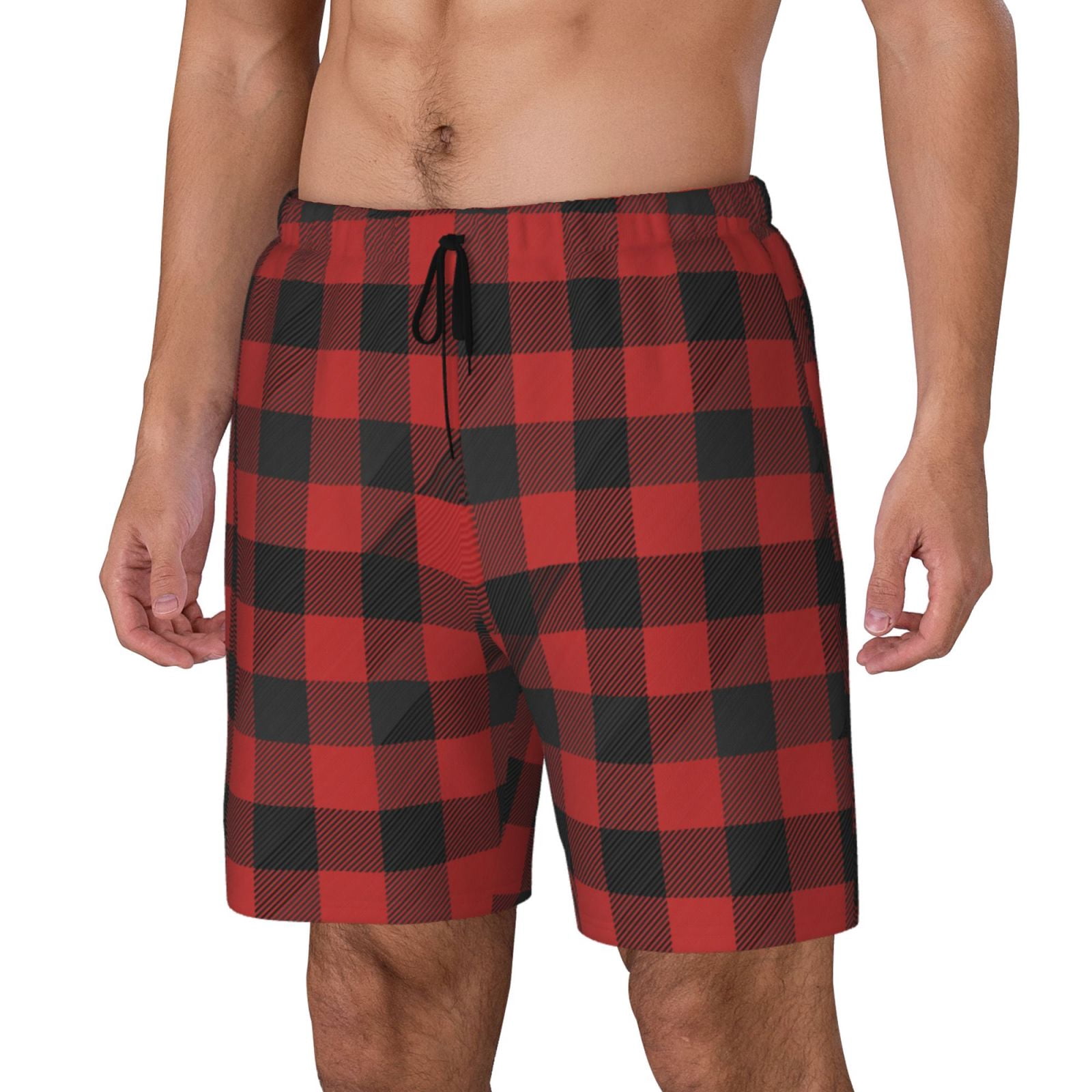 Cauagu Red Black Plaid Print Mens Swim Trunks Quick Dry Board Shorts ...