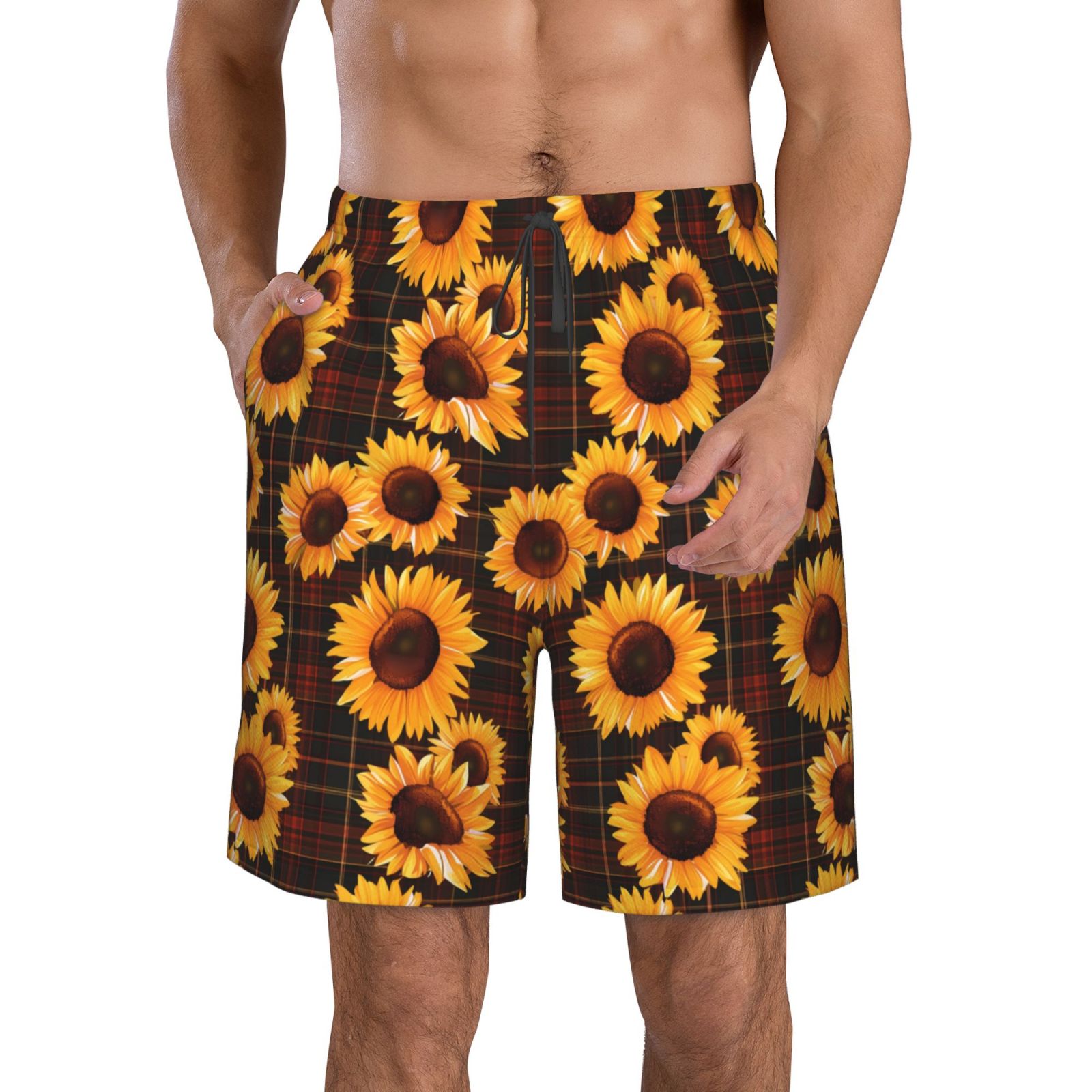 Cauagu Red Black Plaid Sunflower Print Men's Swim Trunks,Hawaiian ...
