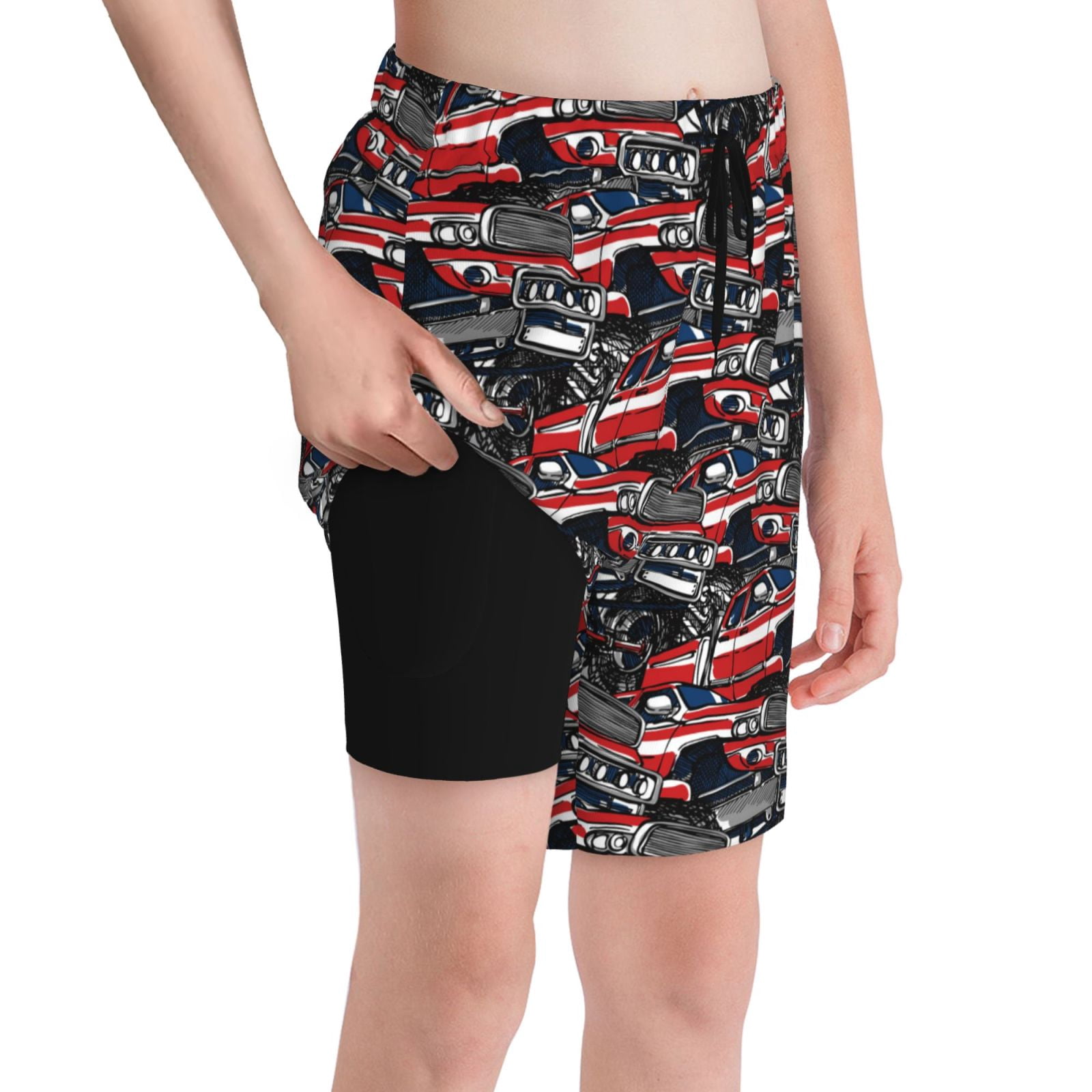 Cauagu Red And Blue Cars Print Swim Trunks for Men,Youth Boys Swim ...