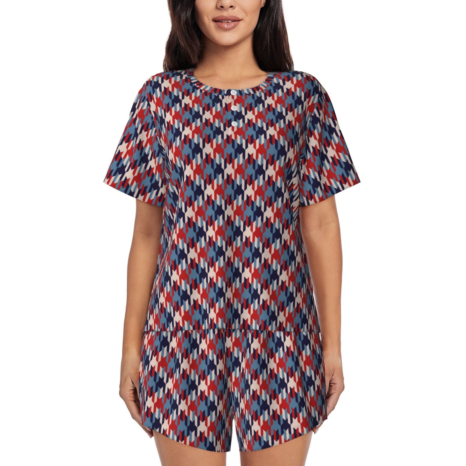 Cauagu Red Blue Checked for Women's Round Neck Pajama Set,Short-Sleeved ...