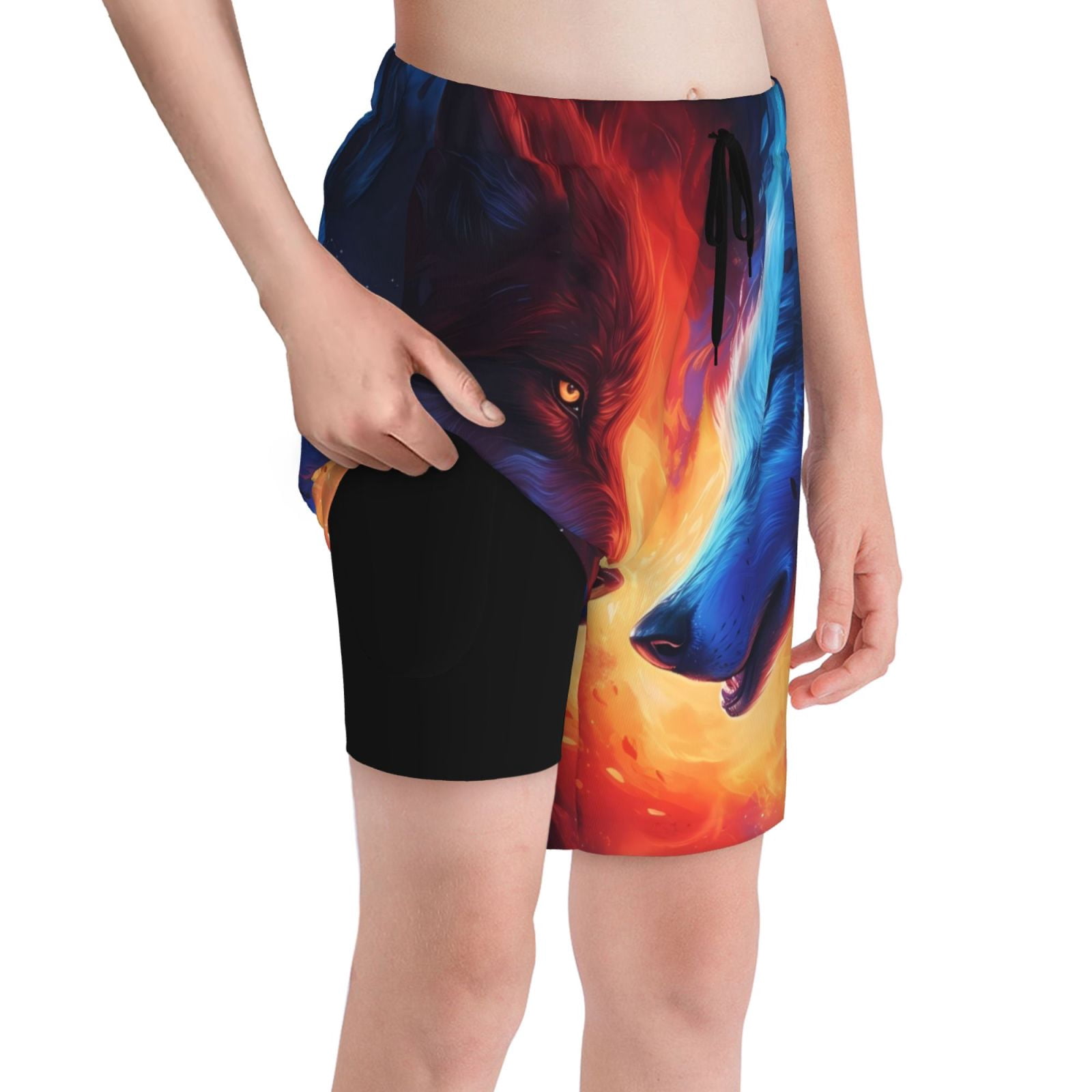 Cauagu Red And Blue Fire Wolf Print Swim Trunks for Men,Youth Boys Swim ...