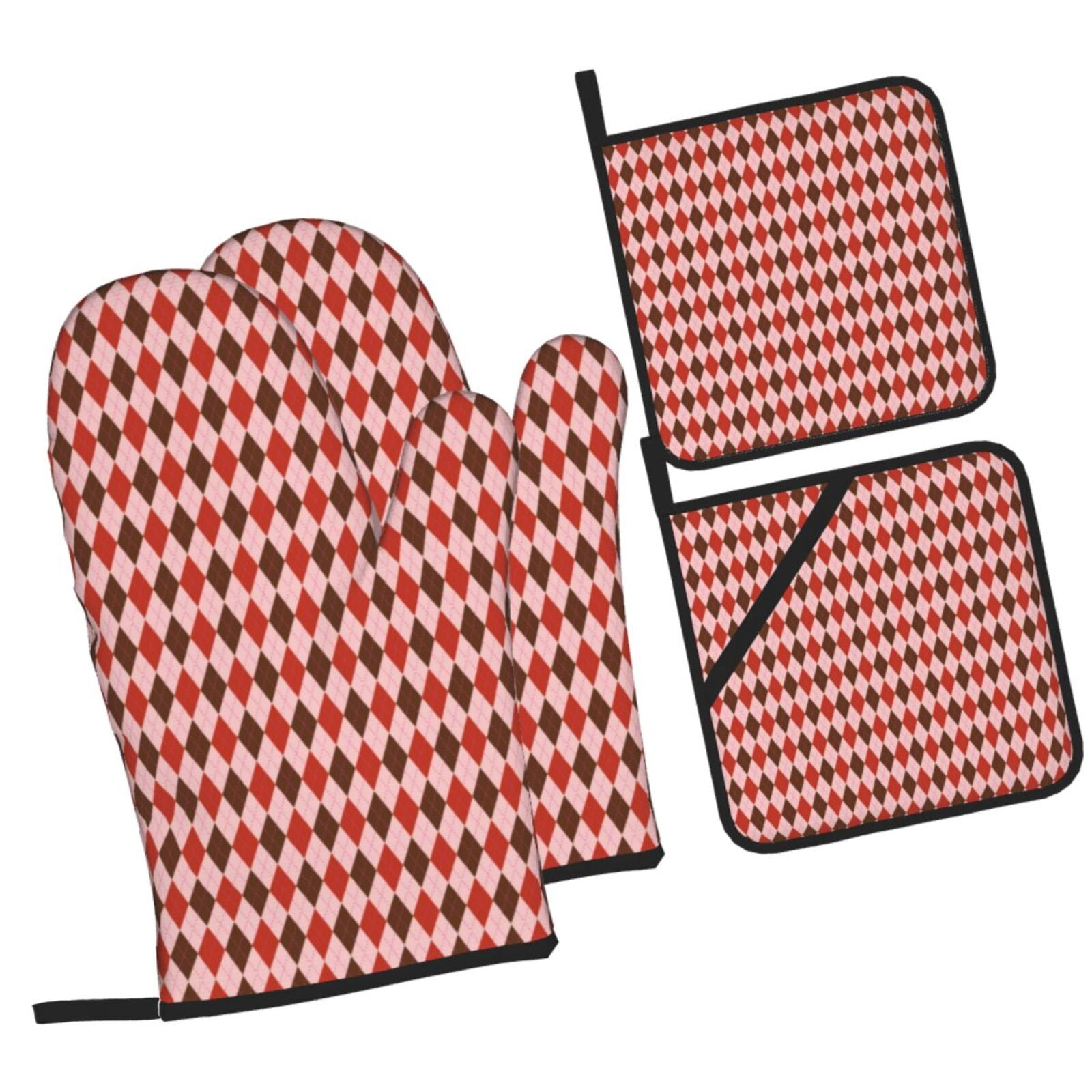 Cauagu Red and Brown Squares Print Oven Mitts and Pot Holders 4 pcs Set ...