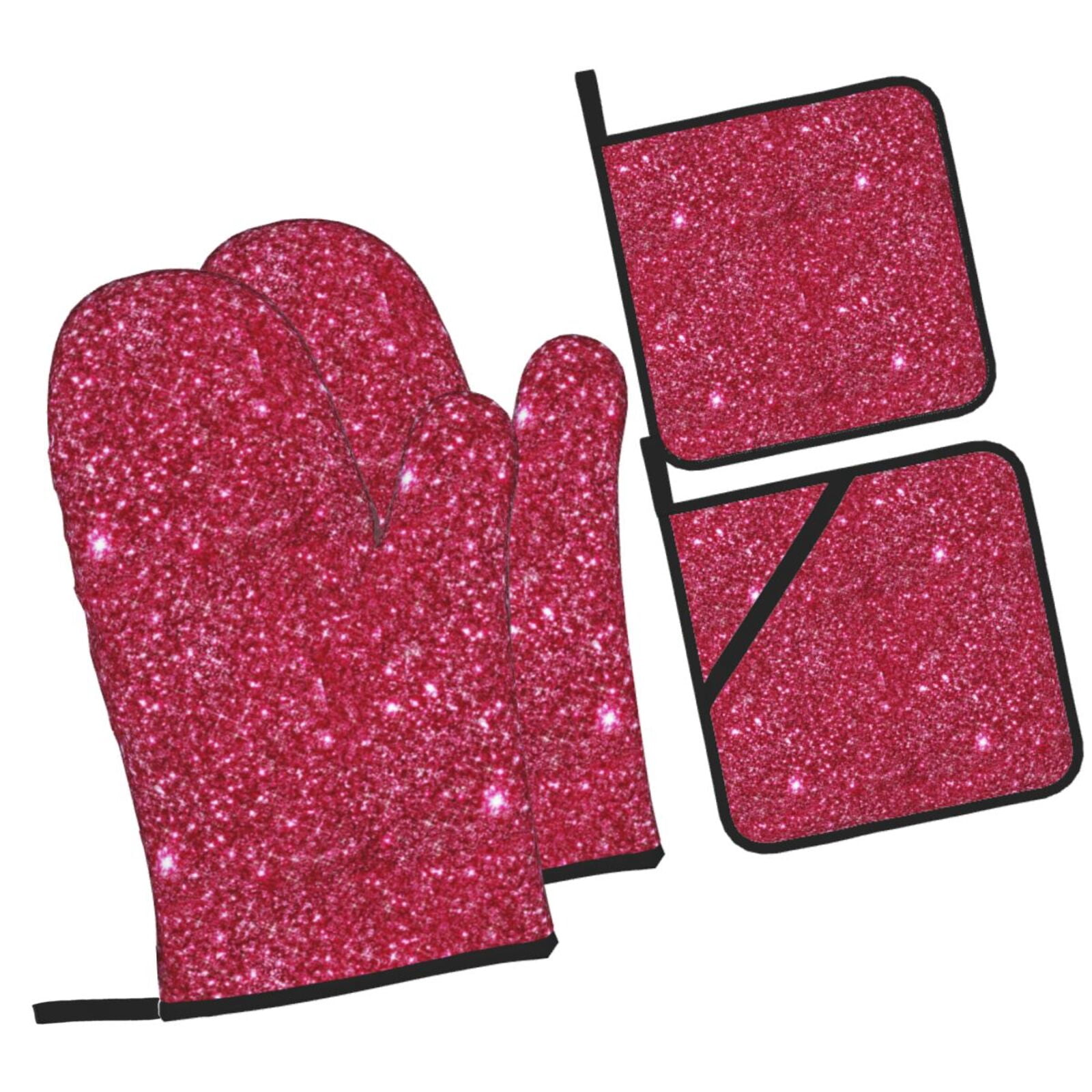 Cauagu Red Glitter Print Oven Mitts and Pot Holders 4 pcs Set,Extra ...