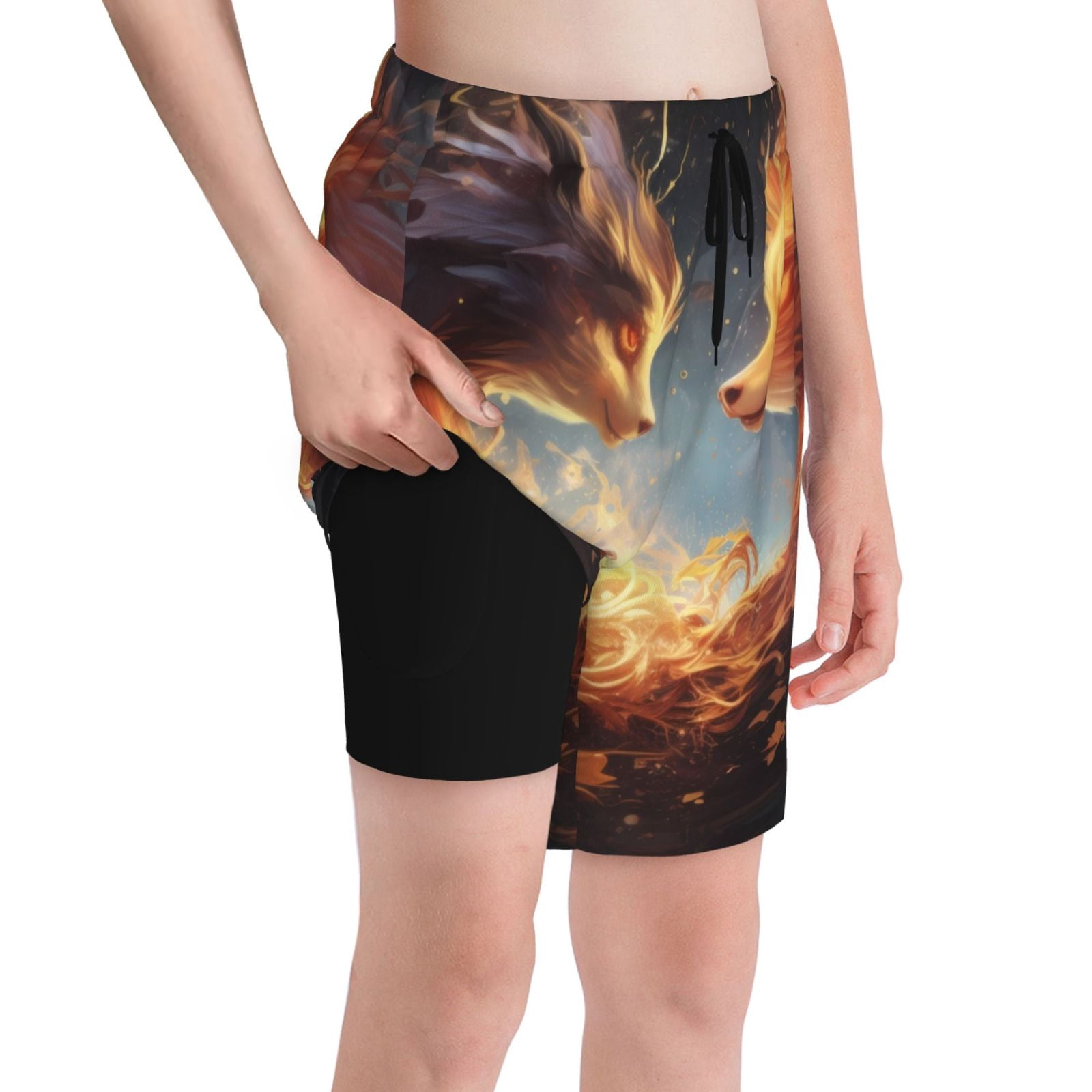 Cauagu Red And Gray Flame Fox Print Swim Trunks for Men,Youth Boys Swim ...