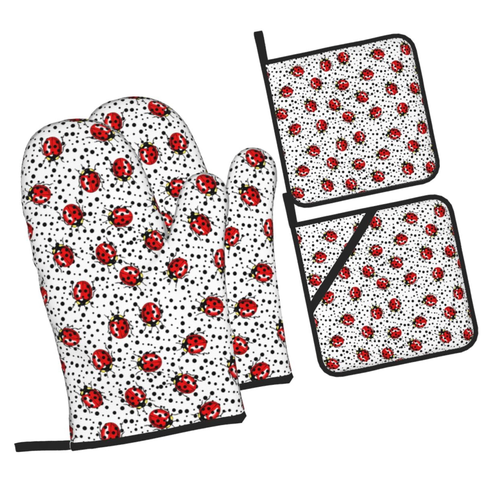 Cauagu Red Ladybugs On Black Dotted Print Oven Mitts and Pot Holders 4 ...