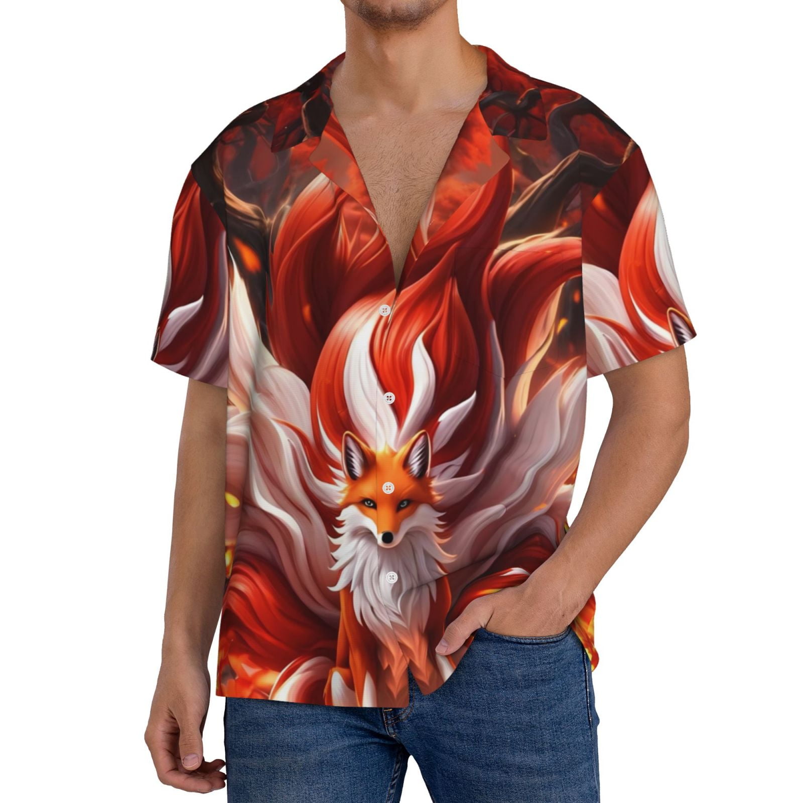 Cauagu Red Leaf Flame Fox Men's Short Sleeve Button Down Hawaiian Shirt ...
