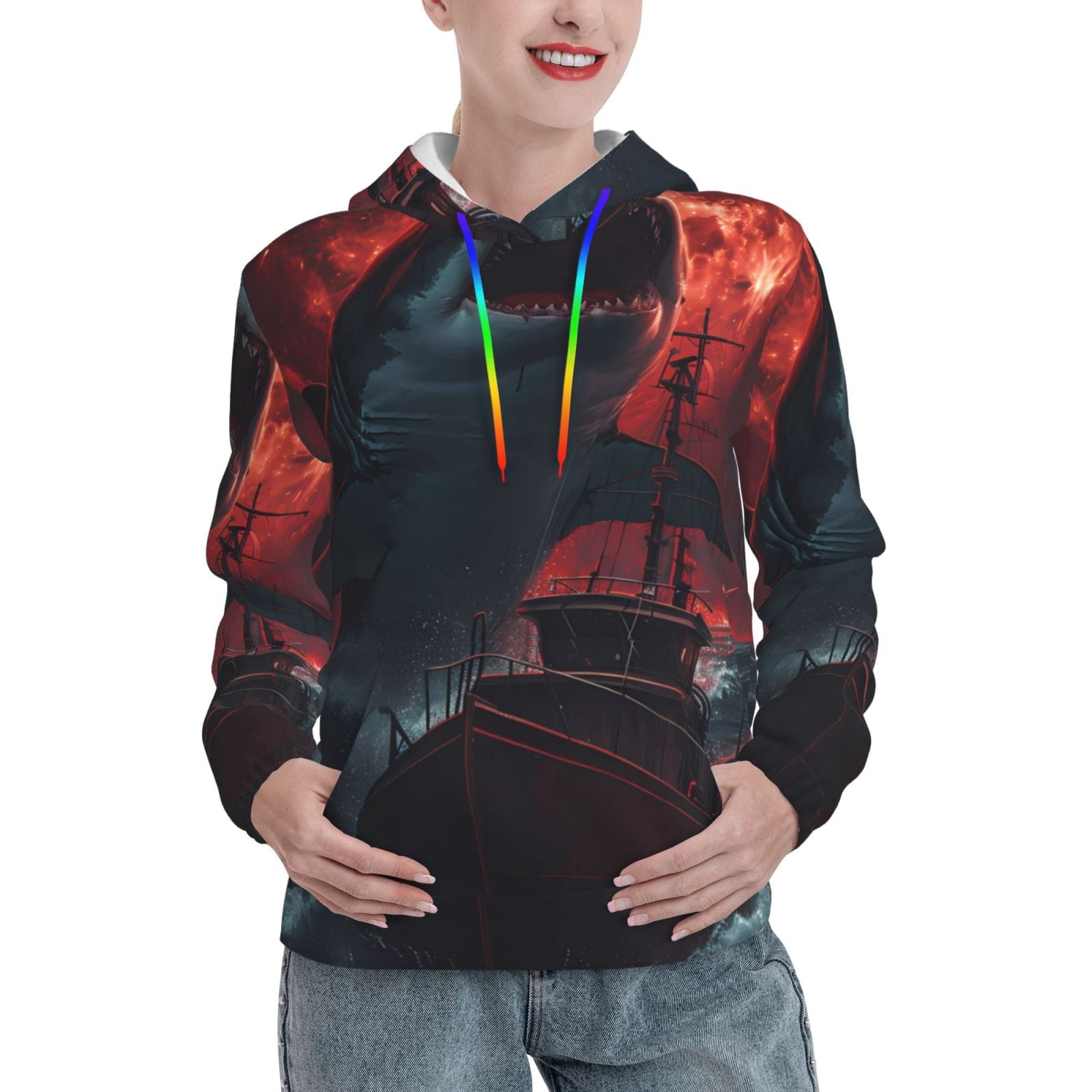 Cauagu Red Moon Shark Sailboat for Women's Hooded Sweatshirts Pullover Hoodie for Women Fall ...