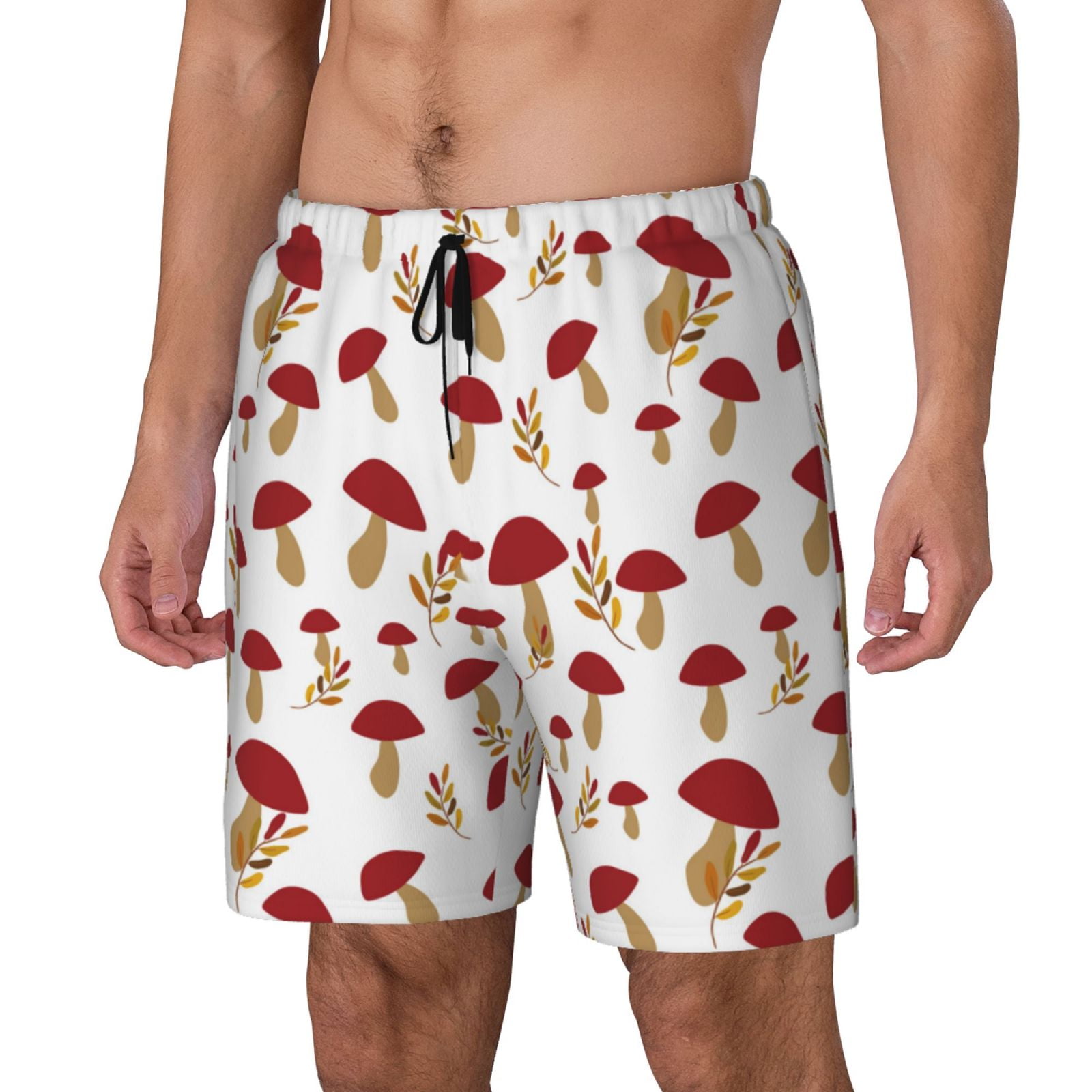 Cauagu Red Mushroom Print Mens Swim Trunks Quick Dry Board Shorts Swim