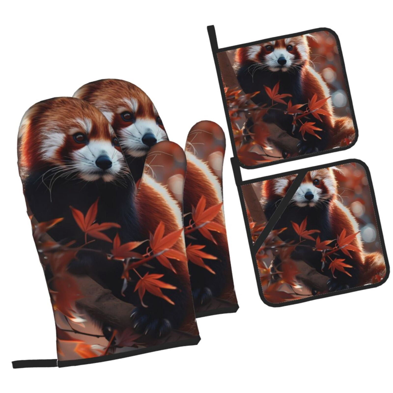 Cauagu Red Panda Autumn Branches Print Oven Mitts and Pot Holders 4 pcs ...