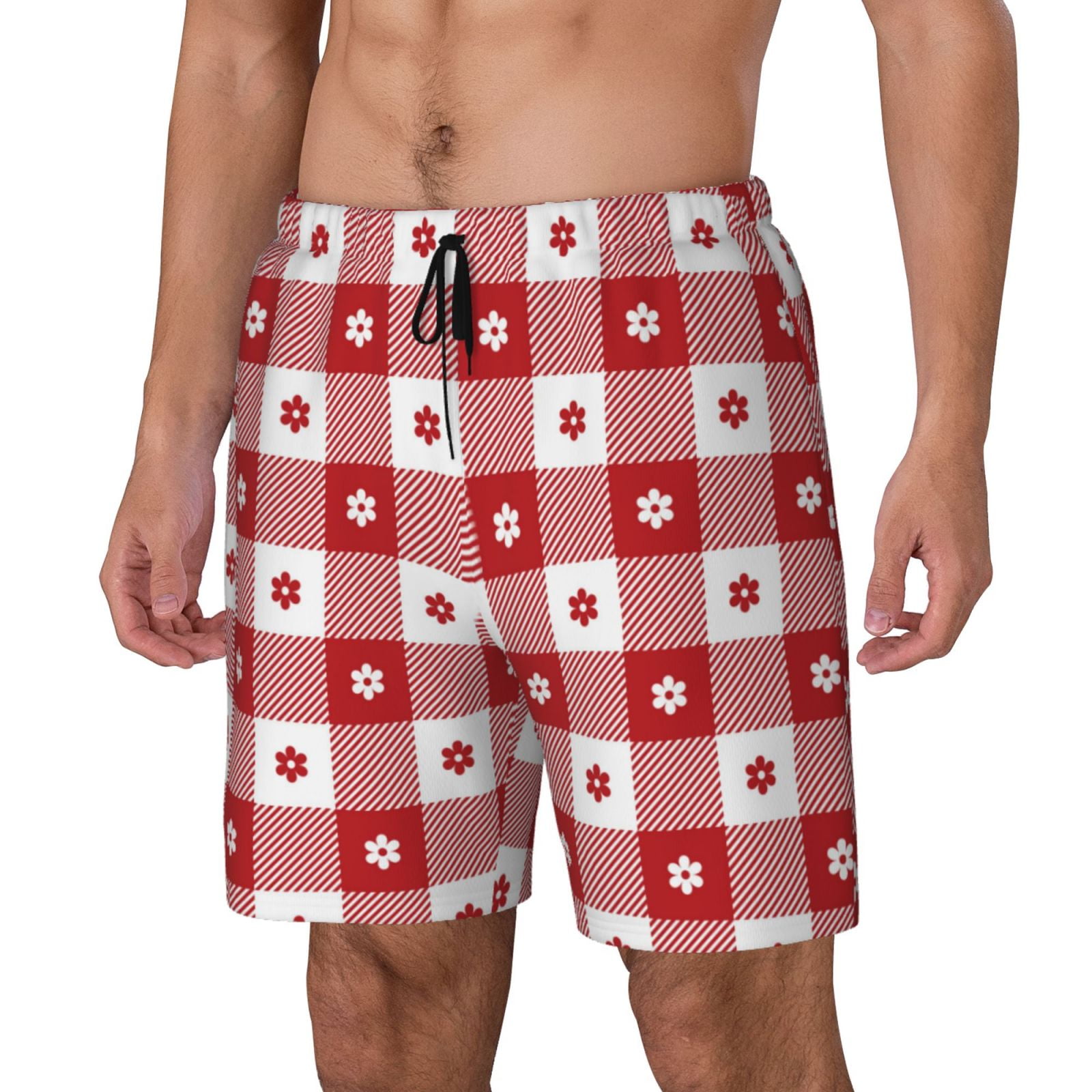 Cauagu Red Plaid Daisy Print Mens Swim Trunks Quick Dry Board Shorts ...
