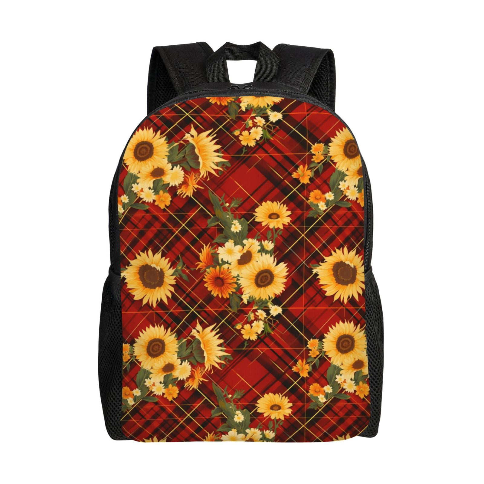 Cauagu Red Plaid Sunflower Print Backpacks,Travel Daypack Casual Laptop ...