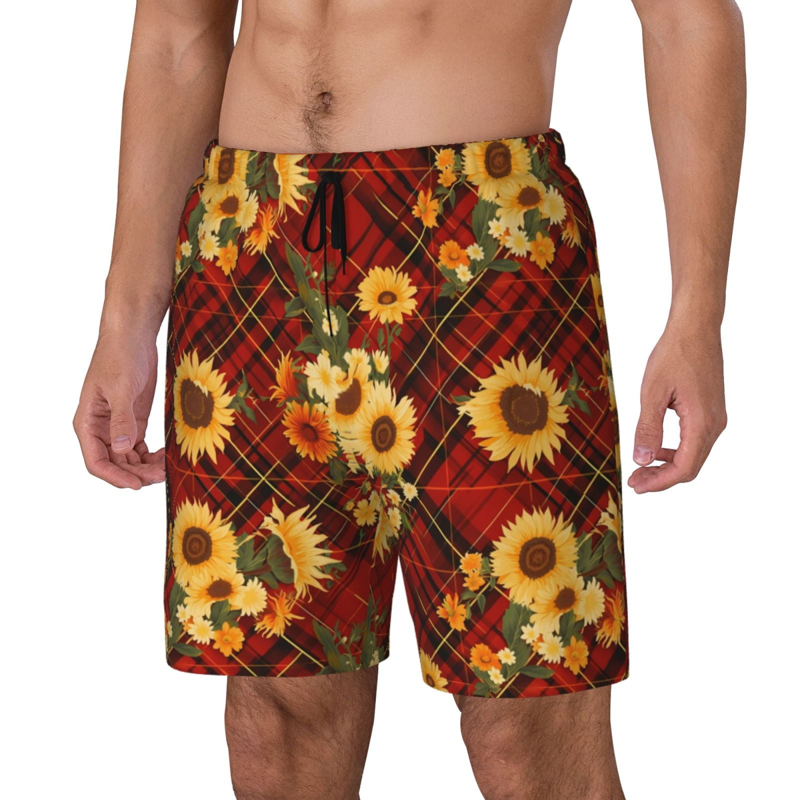 Cauagu Red Plaid Sunflower Print Mens Swim Trunks Quick Dry Board ...