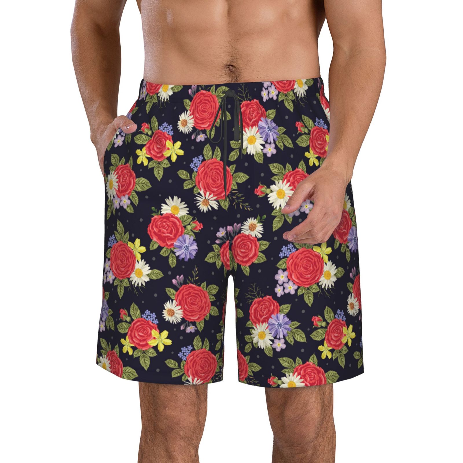 Cauagu Red Rose Flower Print Men's Swim Trunks,Hawaiian Bathing Suit ...