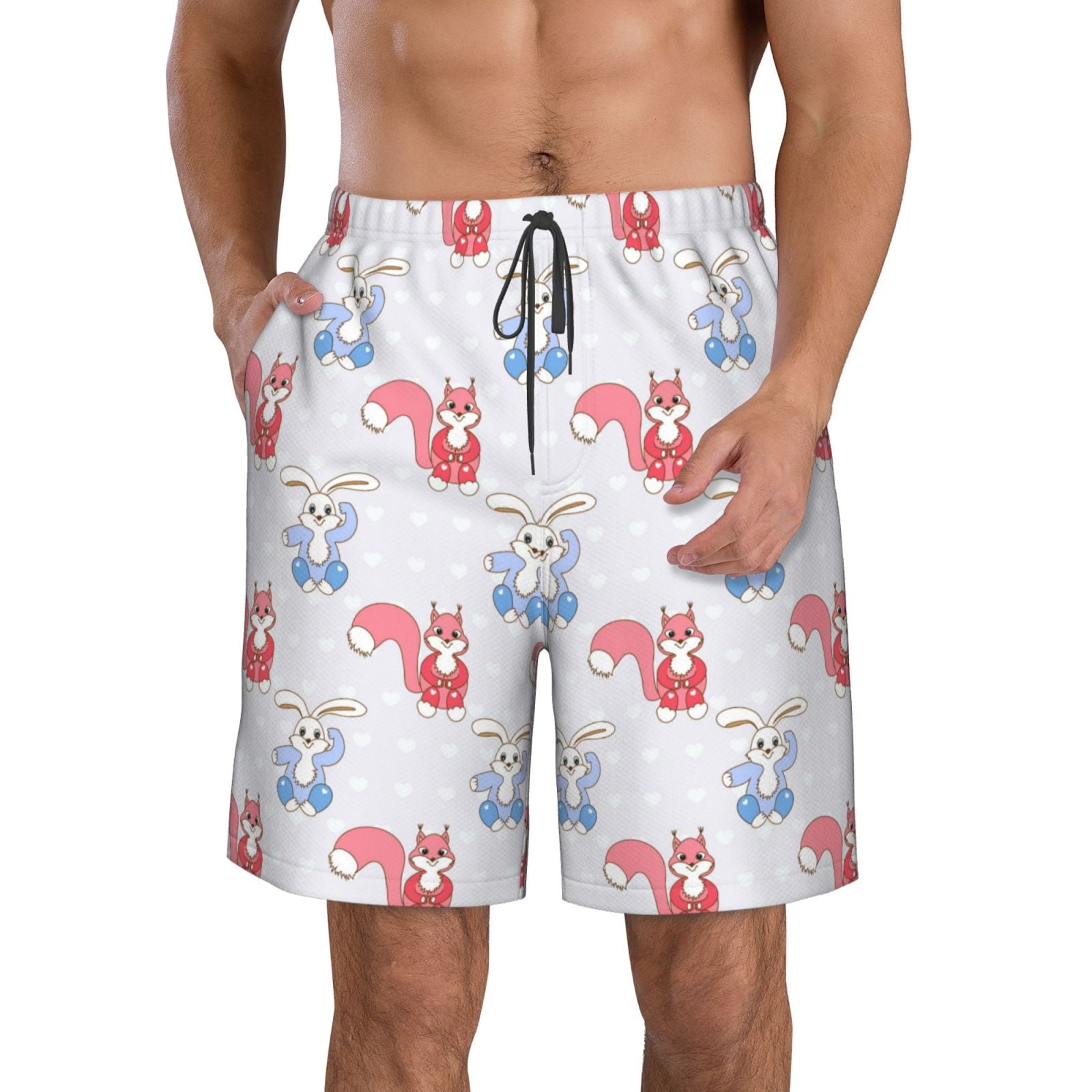 Cauagu Red Squirrel And Blue Rabbit Print Men's Swim Trunks,Hawaiian ...