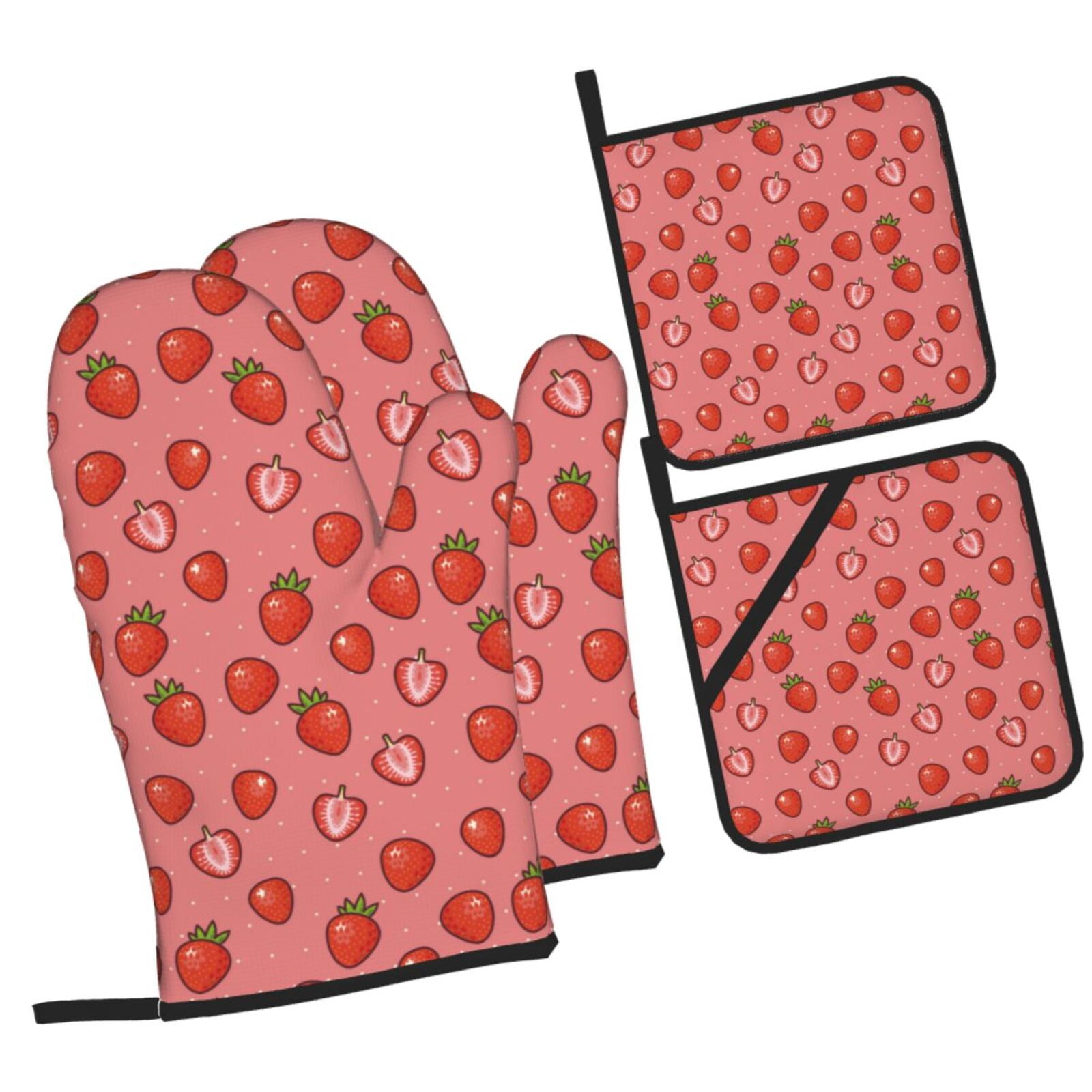 Cauagu Red Strawberry Print Oven Mitts and Pot Holders 4 pcs Set,Extra ...