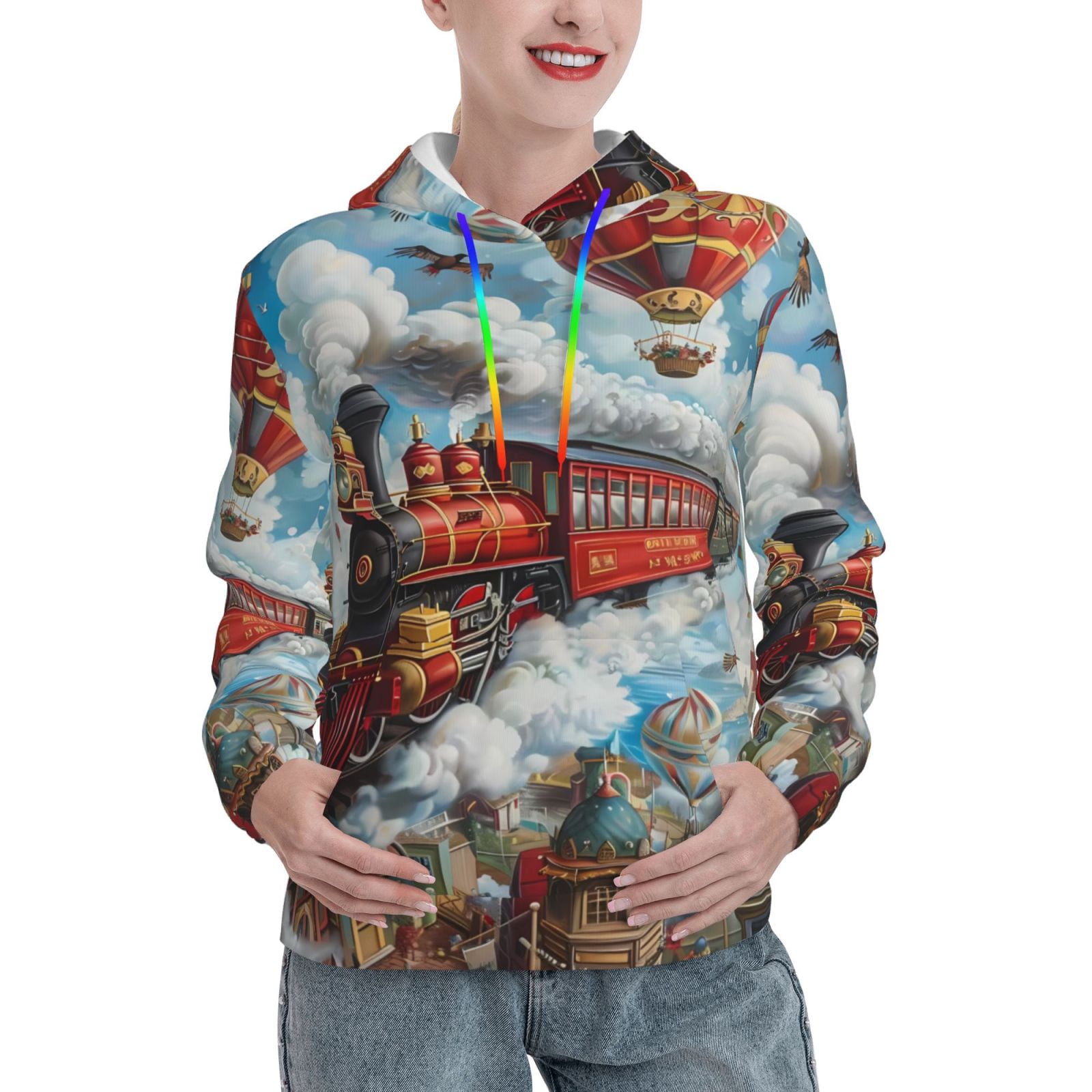 Cauagu Red Train Hot Air Balloon for Women's Hooded Sweatshirts Pullover Hoodie for Women Fall ...