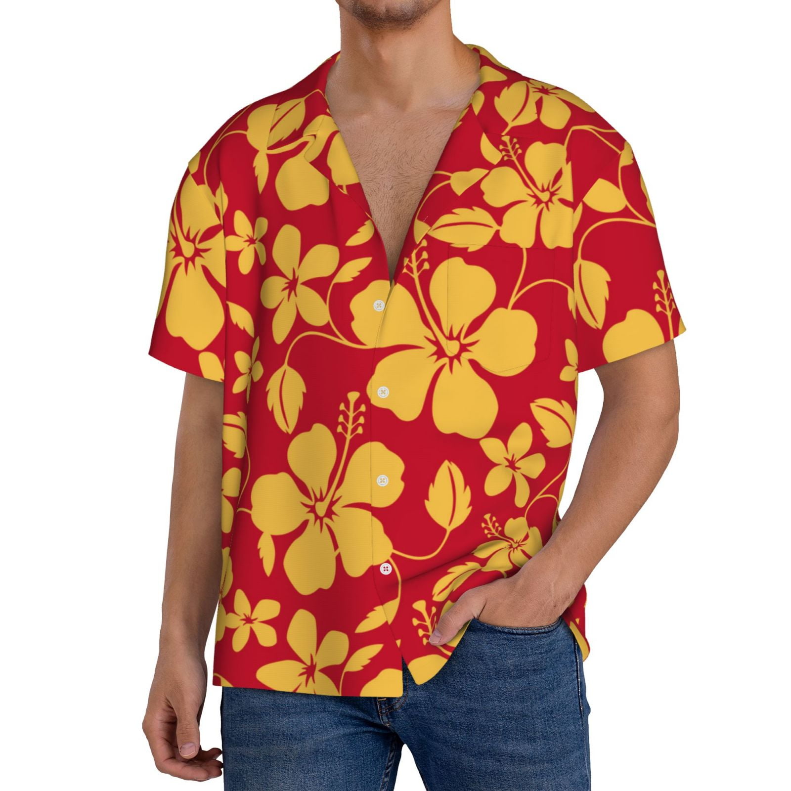 Cauagu Red Vintage Flowers Men's Short Sleeve Button Down Hawaiian ...