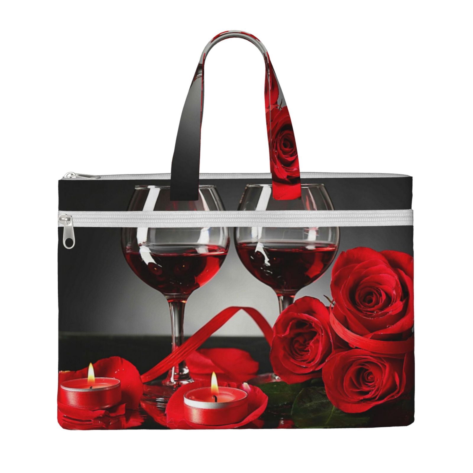 Cauagu Red Wine Rose Pattern Canvas Tote File Bag, Zipper Tote Bag ...