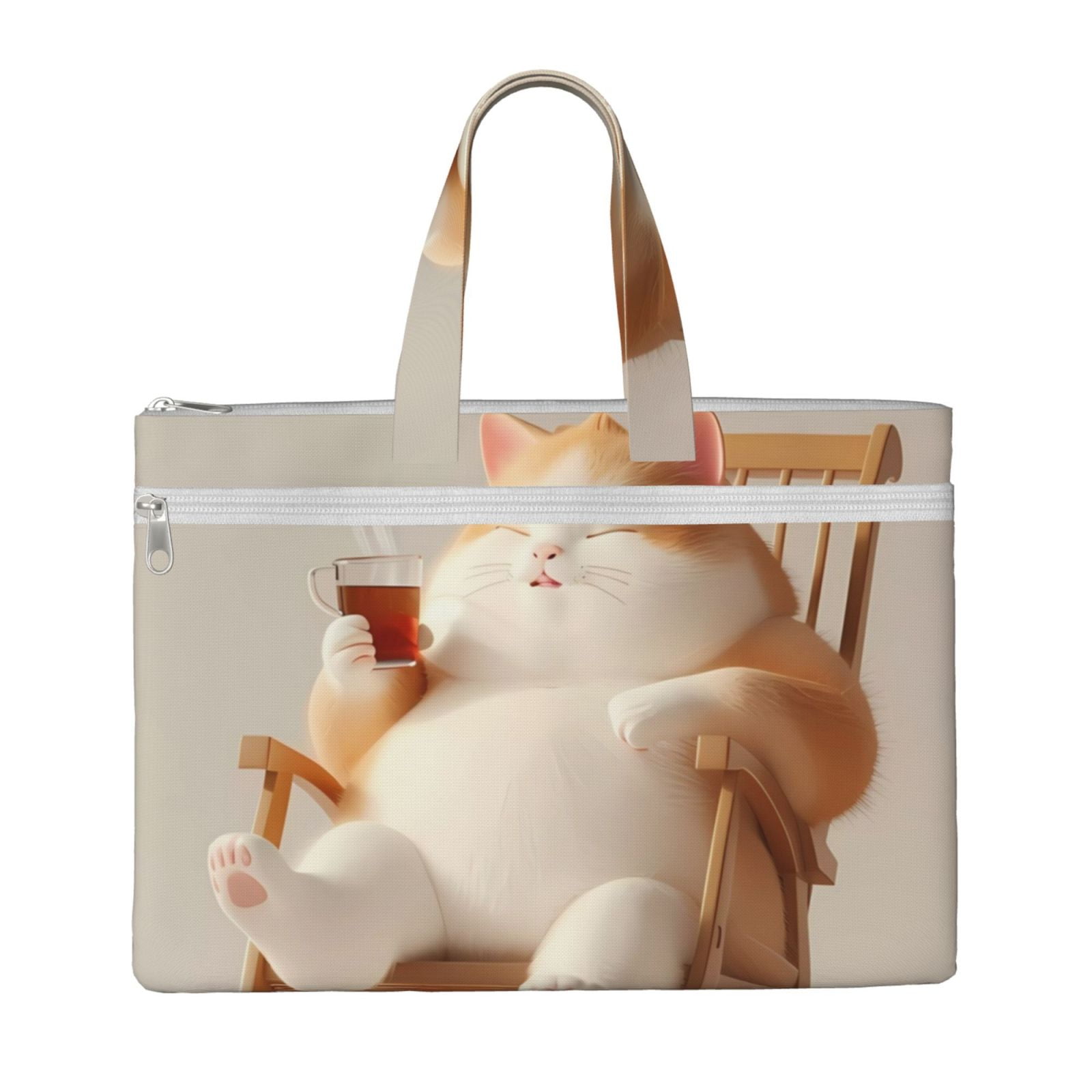 Cauagu Relaxing Cat With Tea Pattern Canvas Tote File Bag, Zipper Tote ...