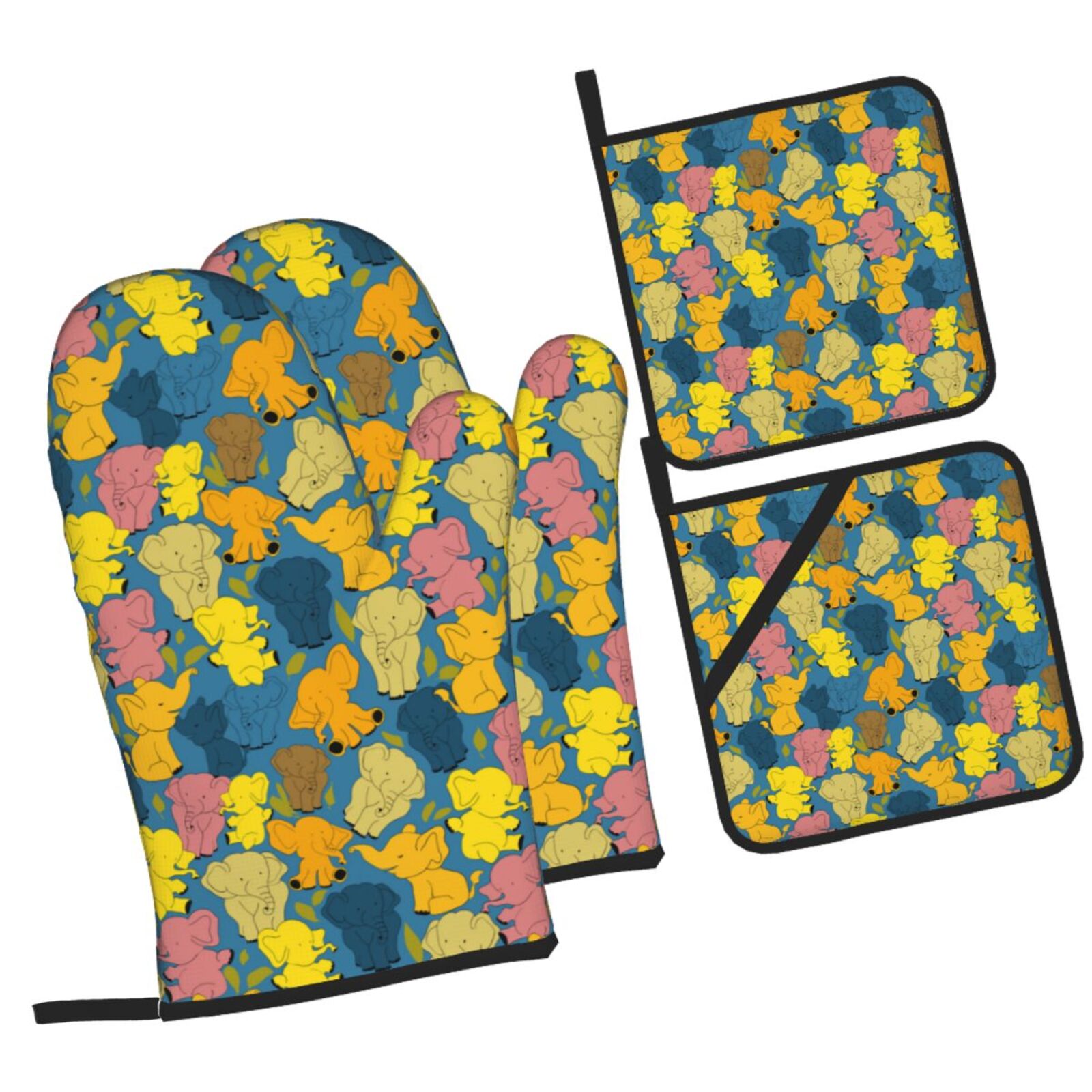 Cauagu Retro Boho Elephants Print Oven Mitts and Pot Holders 4 pcs Set ...