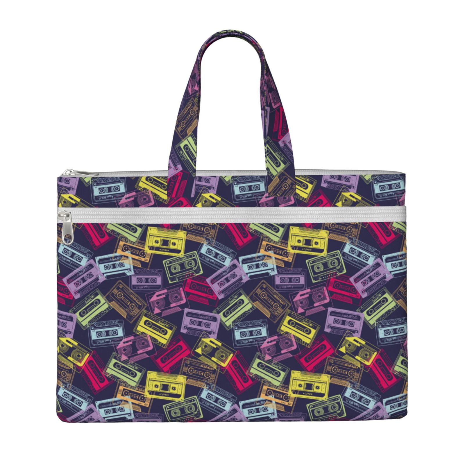 Cauagu Retro Cassette Music Pattern Canvas Tote File Bag, Zipper Tote ...