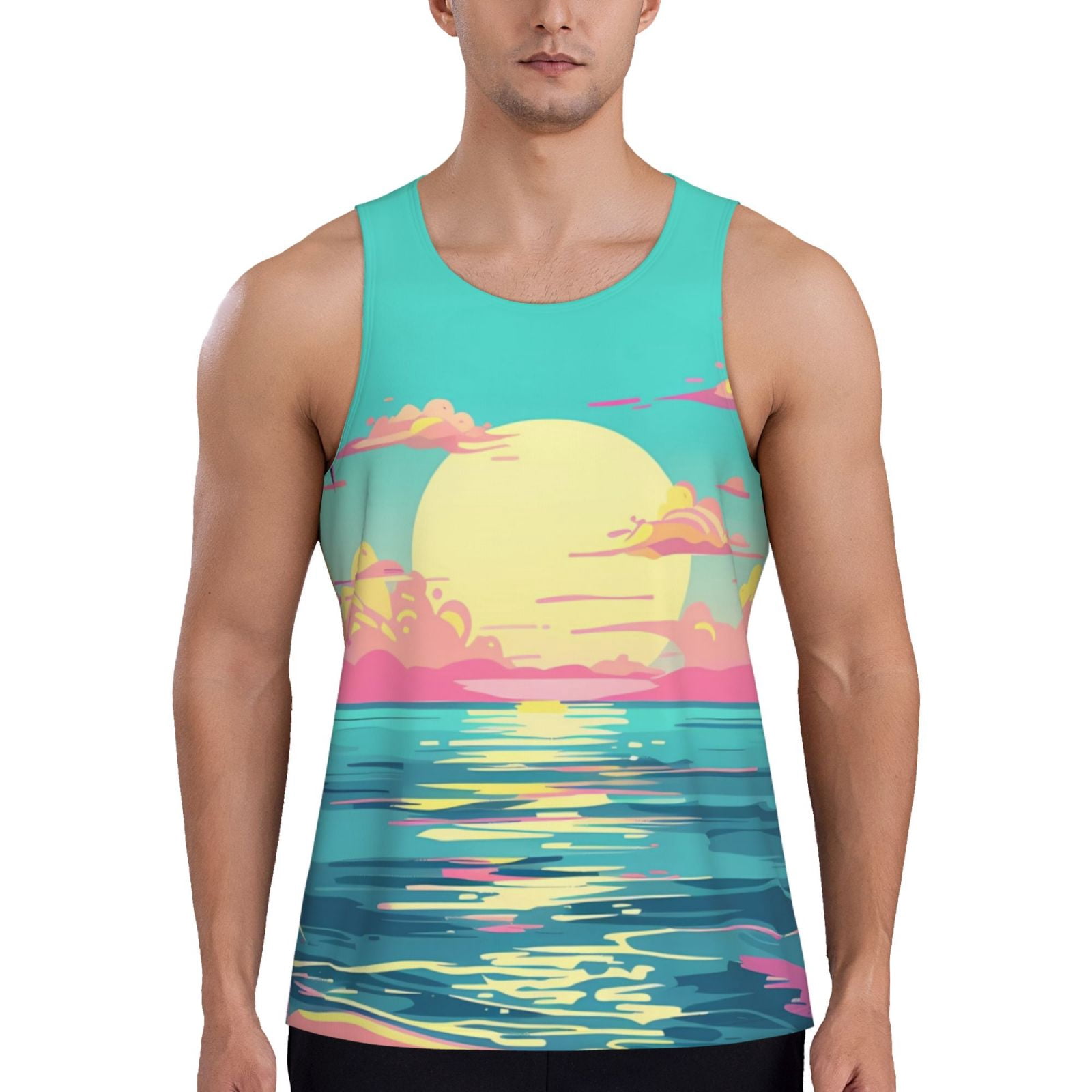 Cauagu Retro Palm Beach Sunset Print Men's Sleeveless Muscle Shirts ...