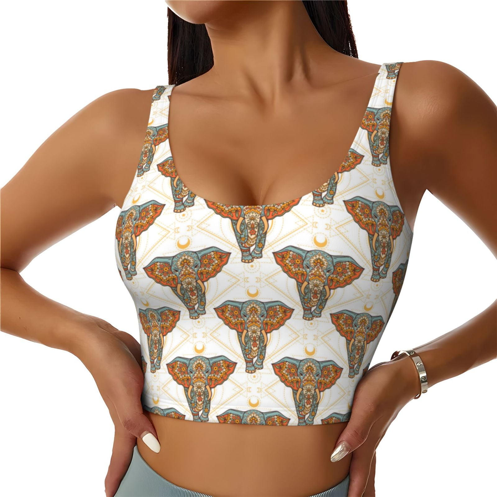Cauagu Retro elephants Pattern Sports Bras for Women,Round Neck Sports Bra Workout Crop Tank ...