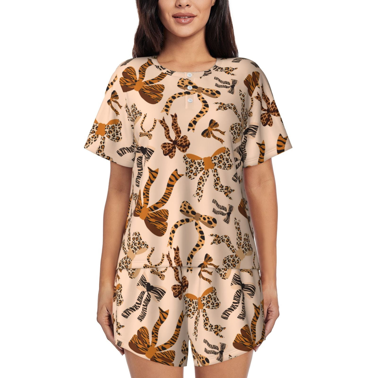 Cauagu Ribbon bows with leopard for Women's Round Neck Pajama Set,Short ...