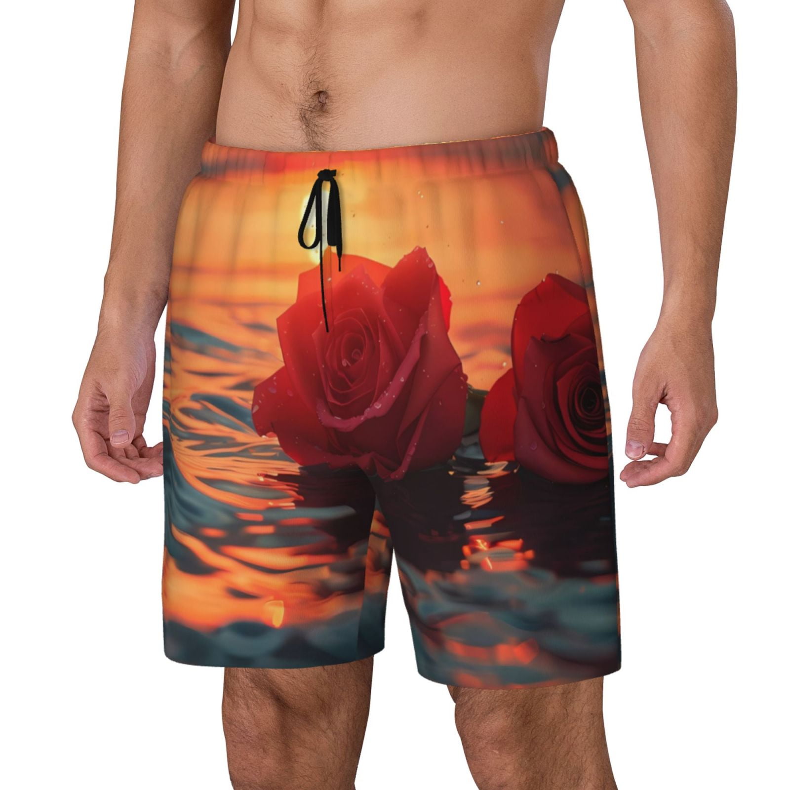 Cauagu Romantic Roses Sunset Ocean Print Mens Swim Trunks Quick Dry ...