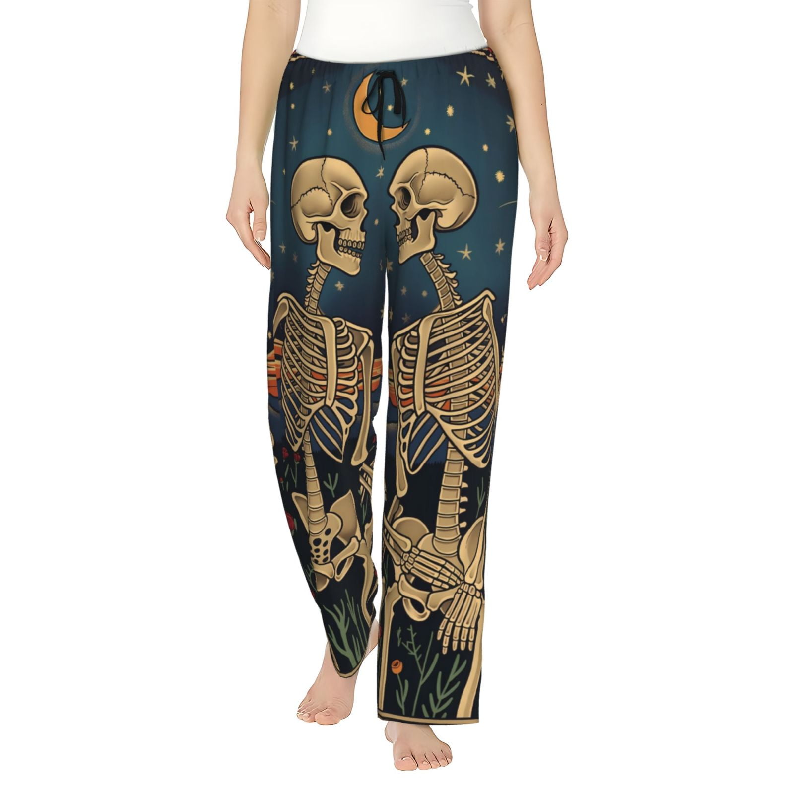 Cauagu Romantic Skeletons Under Moon Pajama Pants for Women Loose Fit Wide Leg Trouser Pants ...